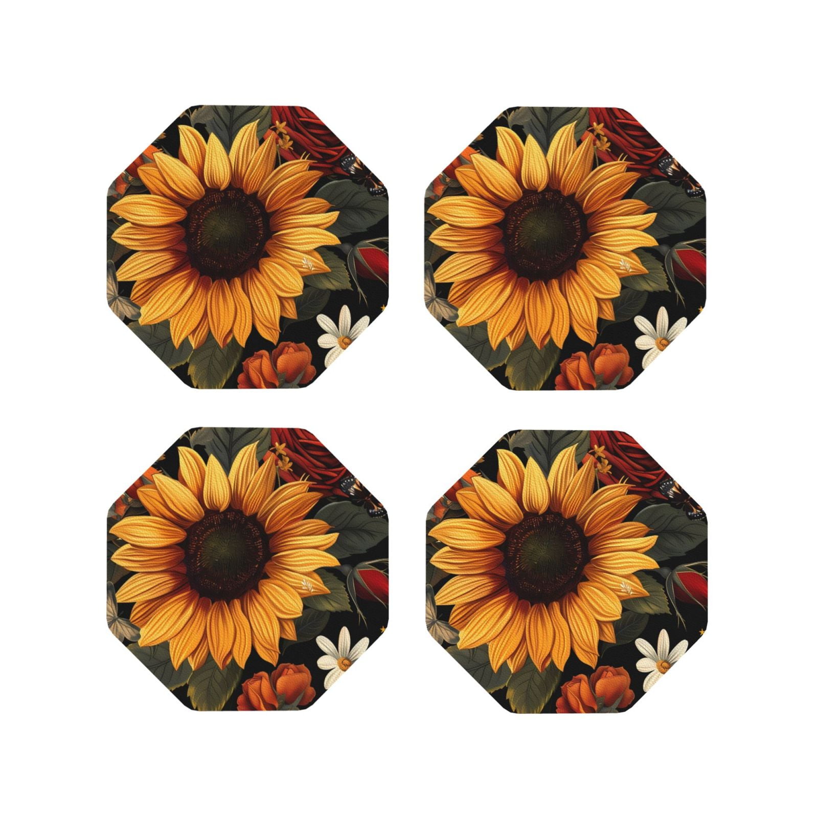 Yiaed Sunflower Floral Butterfly Print Leather Coasters for Drinks ...