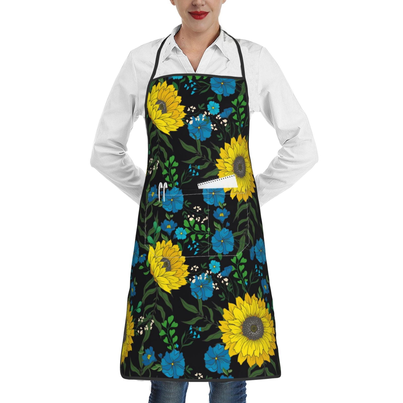 Yiaed Sunflowers And Blue Flower Print Kitchen Apron with Hand Wipe ...