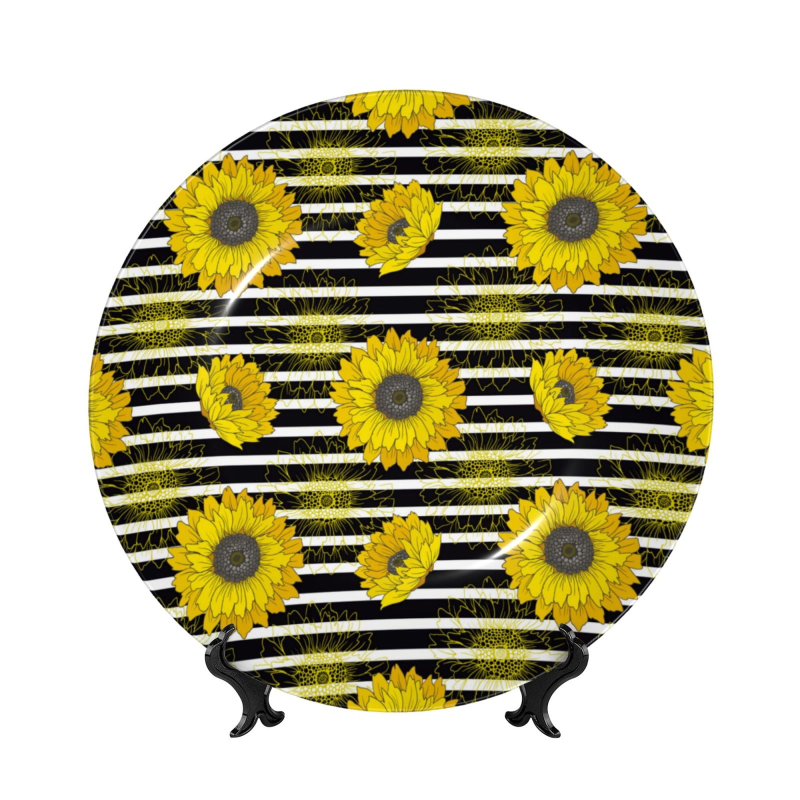 Yiaed Sunflowers On Black And White Stripes Print Bone China Decorative ...