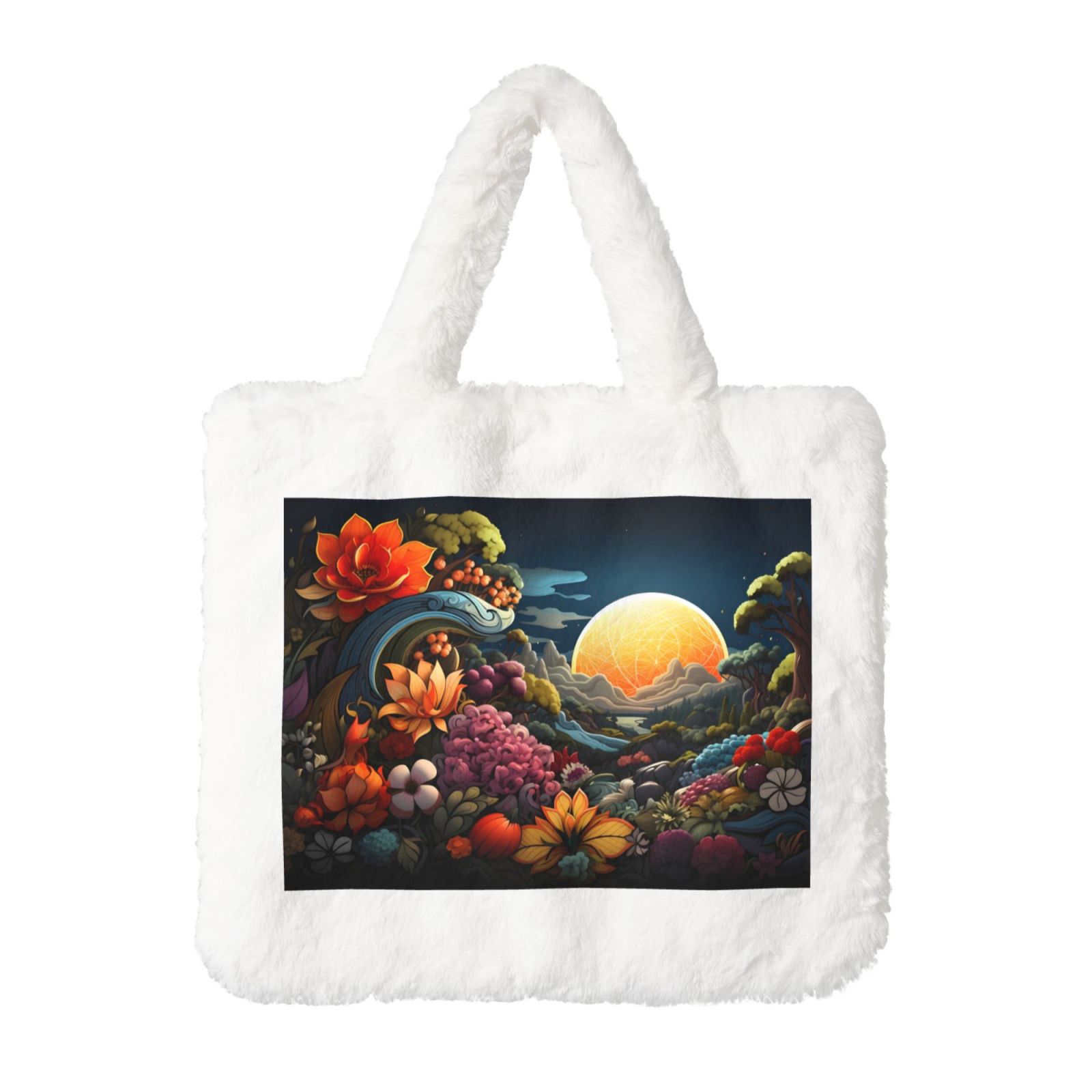 Yiaed Sunset Floral Fantasy Landscape Print Fluffy Shoulder Bag Plush ...