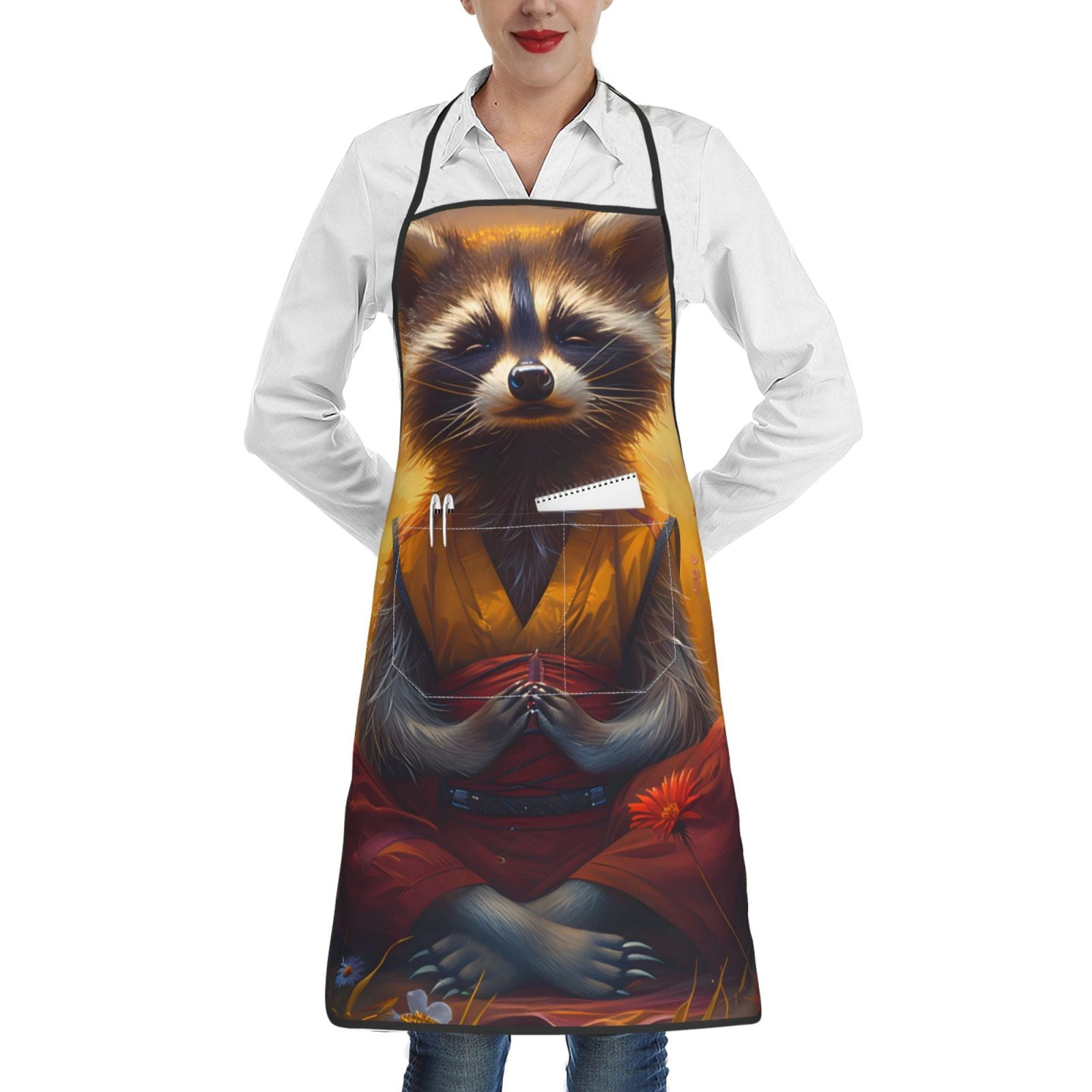 Yiaed Sunset Flower Meditating Raccoon Print Kitchen Apron with Hand ...