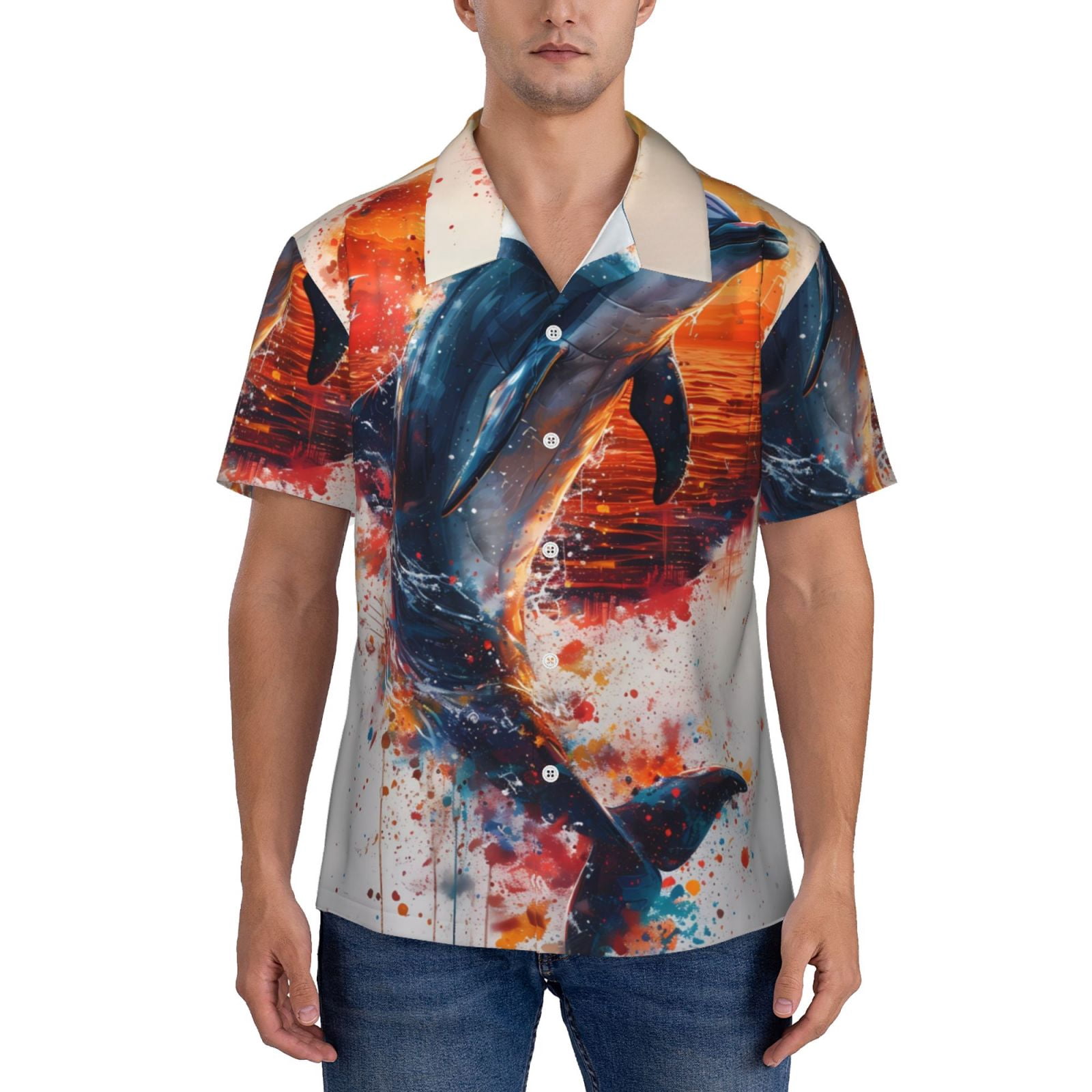 Yiaed Sunset Ocean Watercolor Dolphin Print Hawaiian Shirt for Men ...