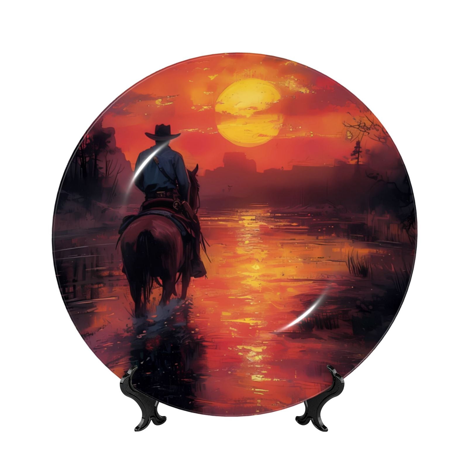 Yiaed Sunset River Western Cowboy Print Bone China Decorative Plate ...