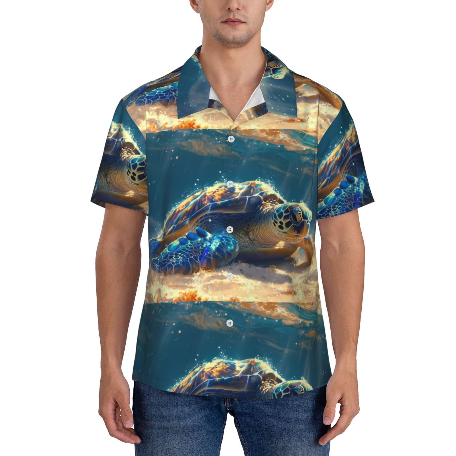 Yiaed Sunshine Underwater Sand Turtle Print Hawaiian Shirt for Men ...