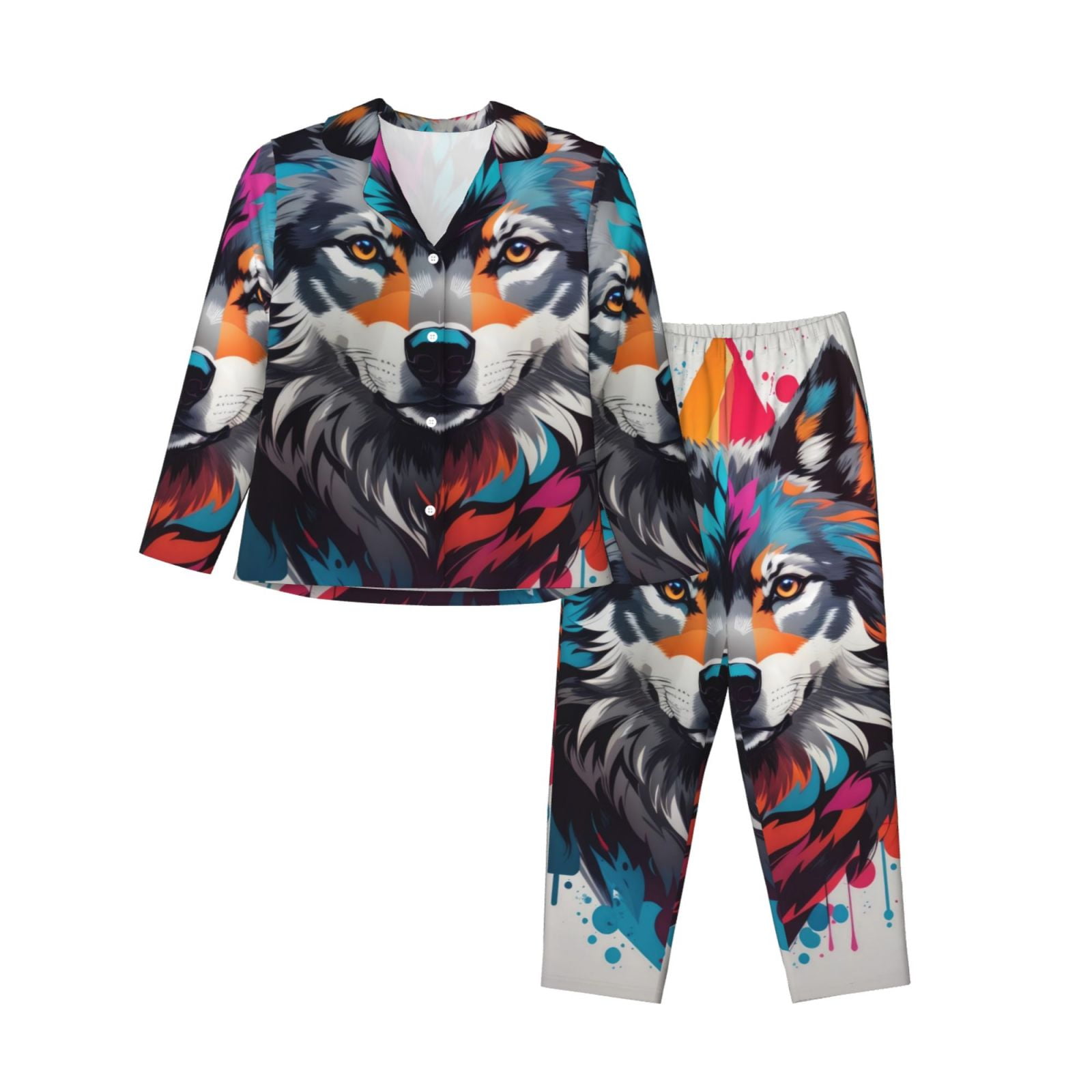Yiaed Tie-Dye Wolf Head Print Pajamas Women's Long Sleeve Sleepwear ...