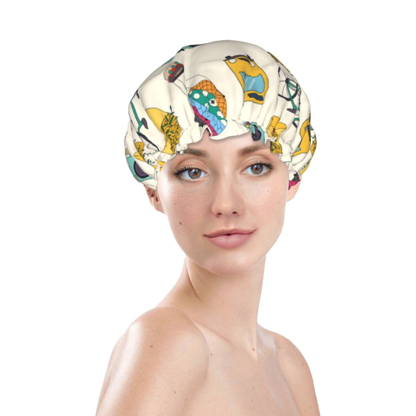 Yiaed Travel Elements Print Reusable Shower Cap & Bath Cap & Lined ...