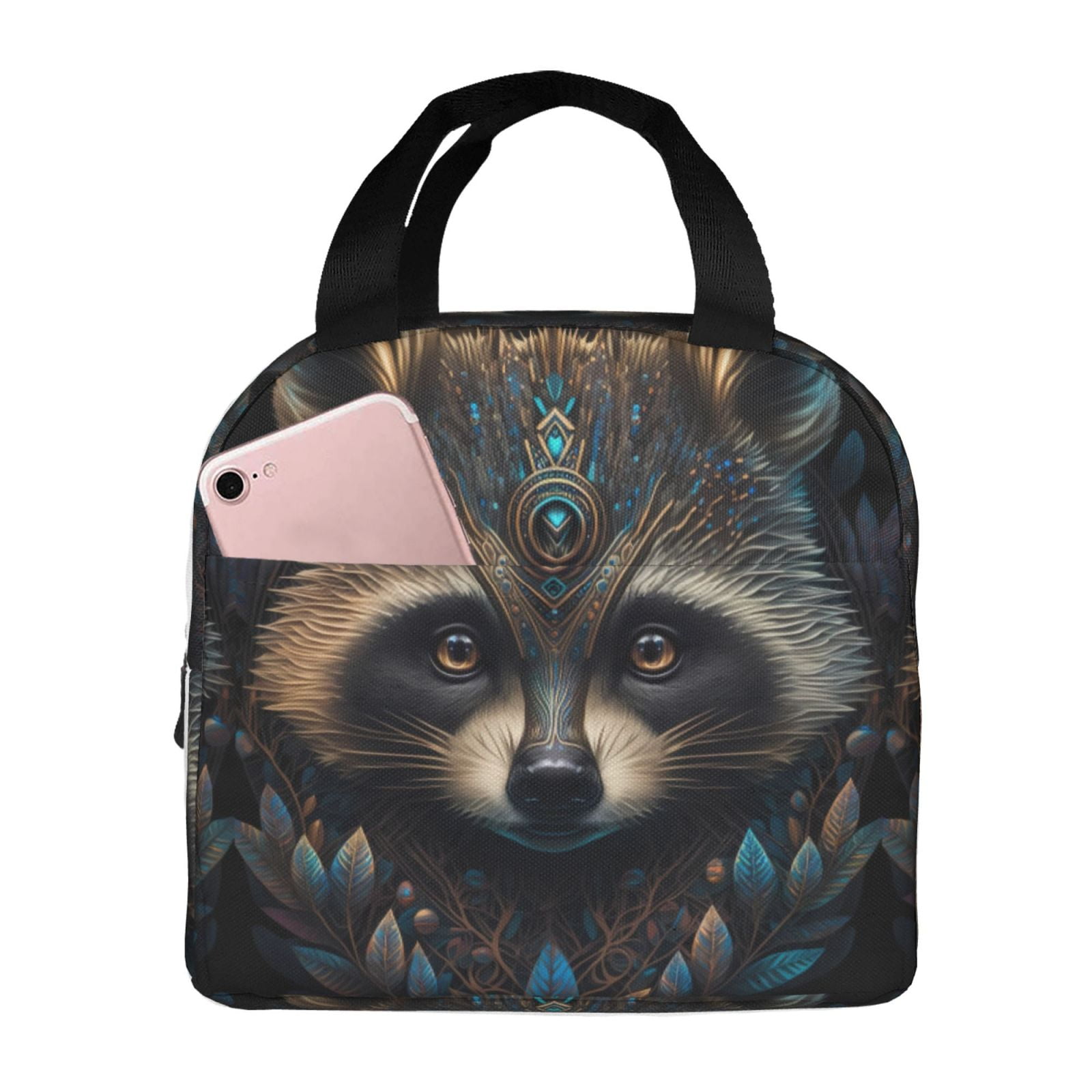 Yiaed Tribal Style Raccoon Print Insulated Lunch Bag Reusable Cute Tote ...