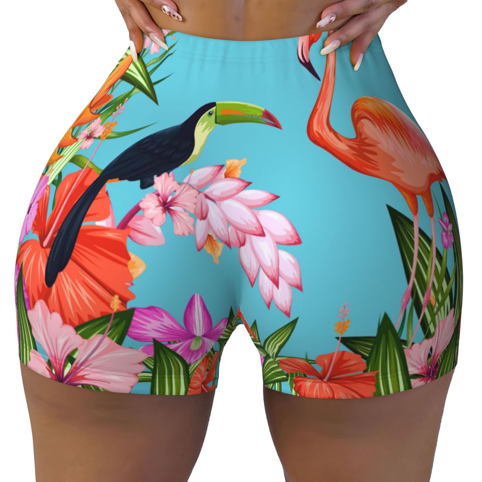 Yiaed Tropical Jungle Flamingo Print Women's Athletic Shorts Running ...