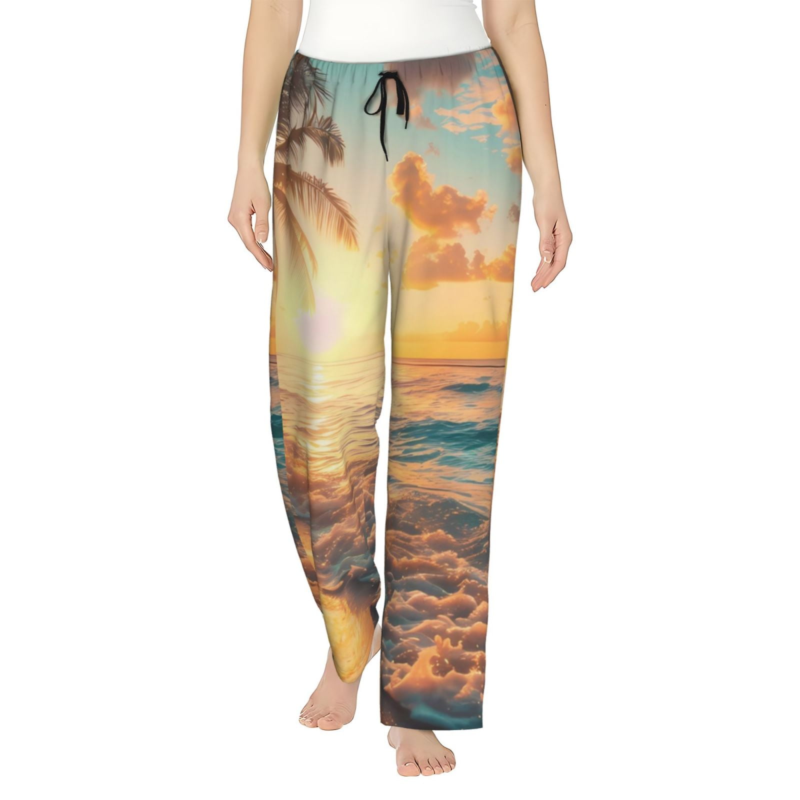 Yiaed Tropical Sunset Beach Scene Print Womens Lounge Pants, Loose PJ ...