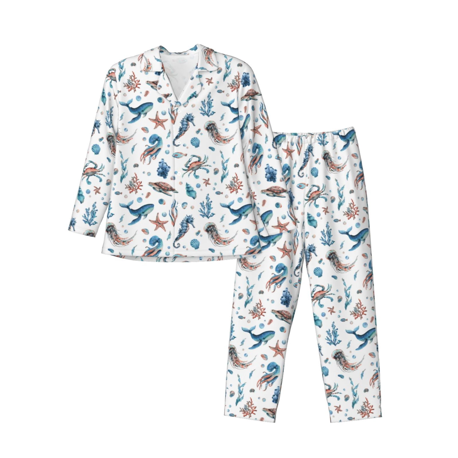 Yiaed Undersea Animals Print Men’s Pajamas Set - Long Sleeve Button ...