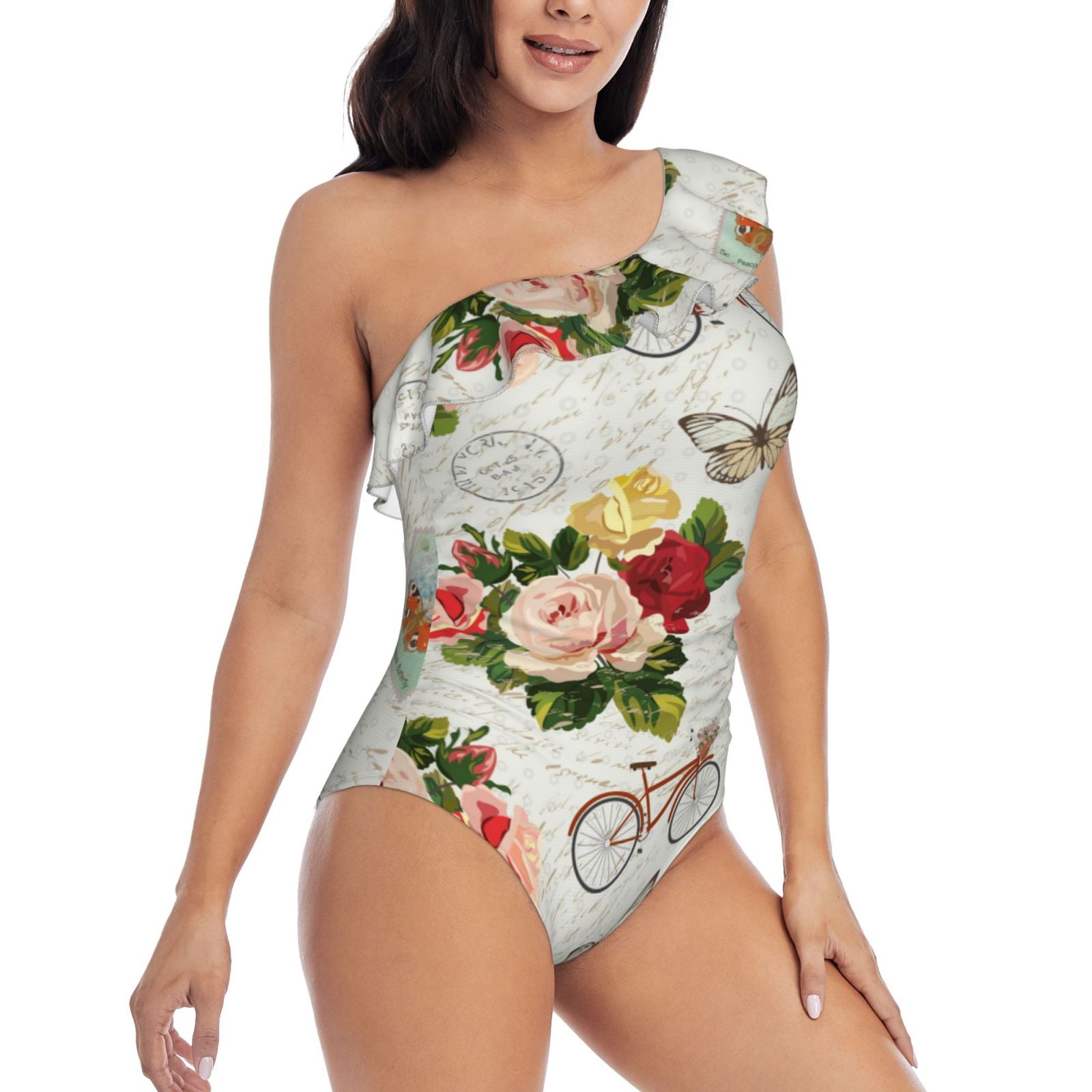 Yiaed Vintage Bike Flower Butterfly Print Women One Piece Swimsuits Tummy Control One Shoulder ...