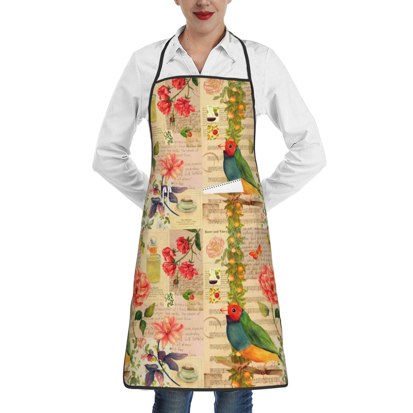 Yiaed Vintage Bird Print Kitchen Apron with Hand Wipe Pockets,Big ...