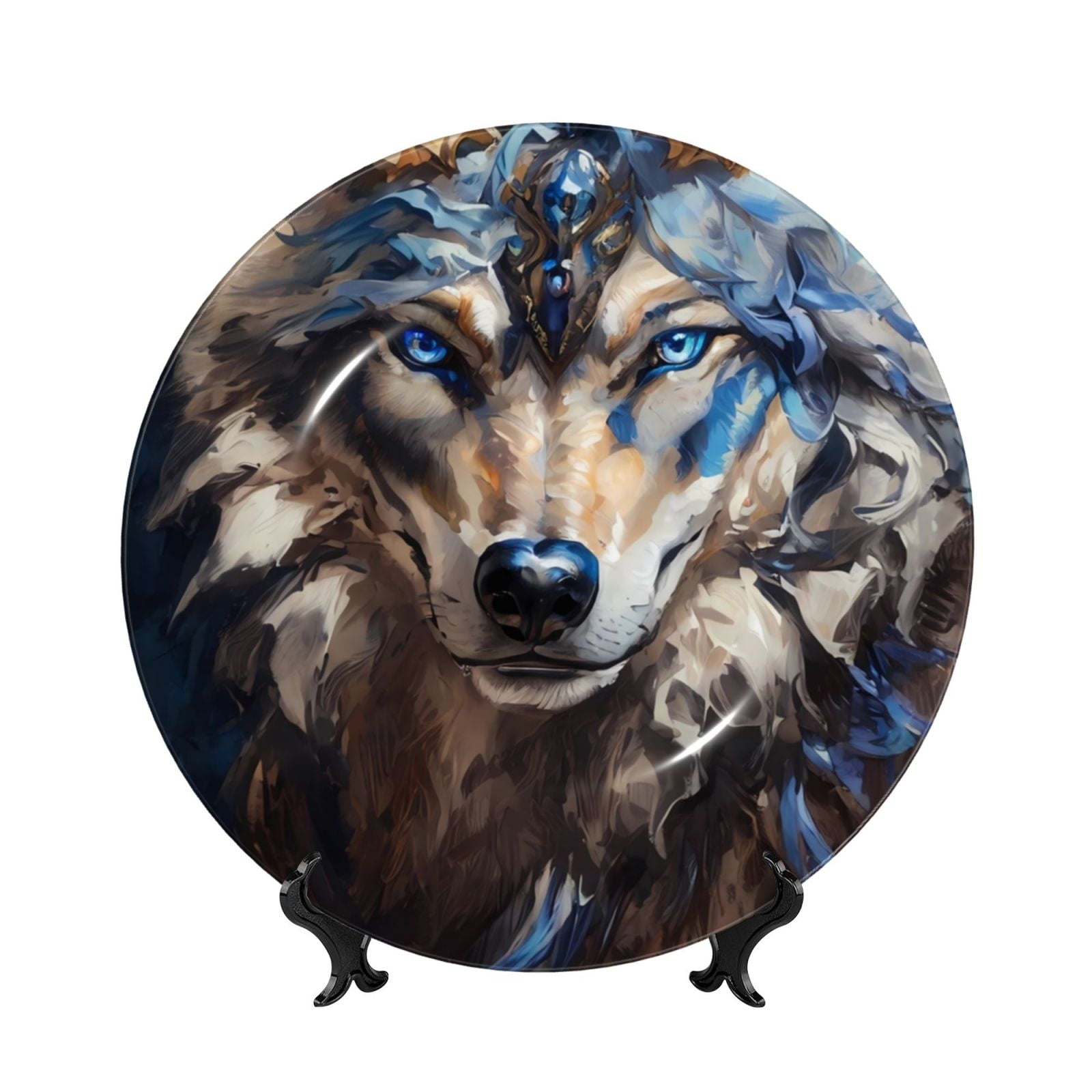 Yiaed Vintage Blue Floral Wolf Print Bone China Decorative Plate ...