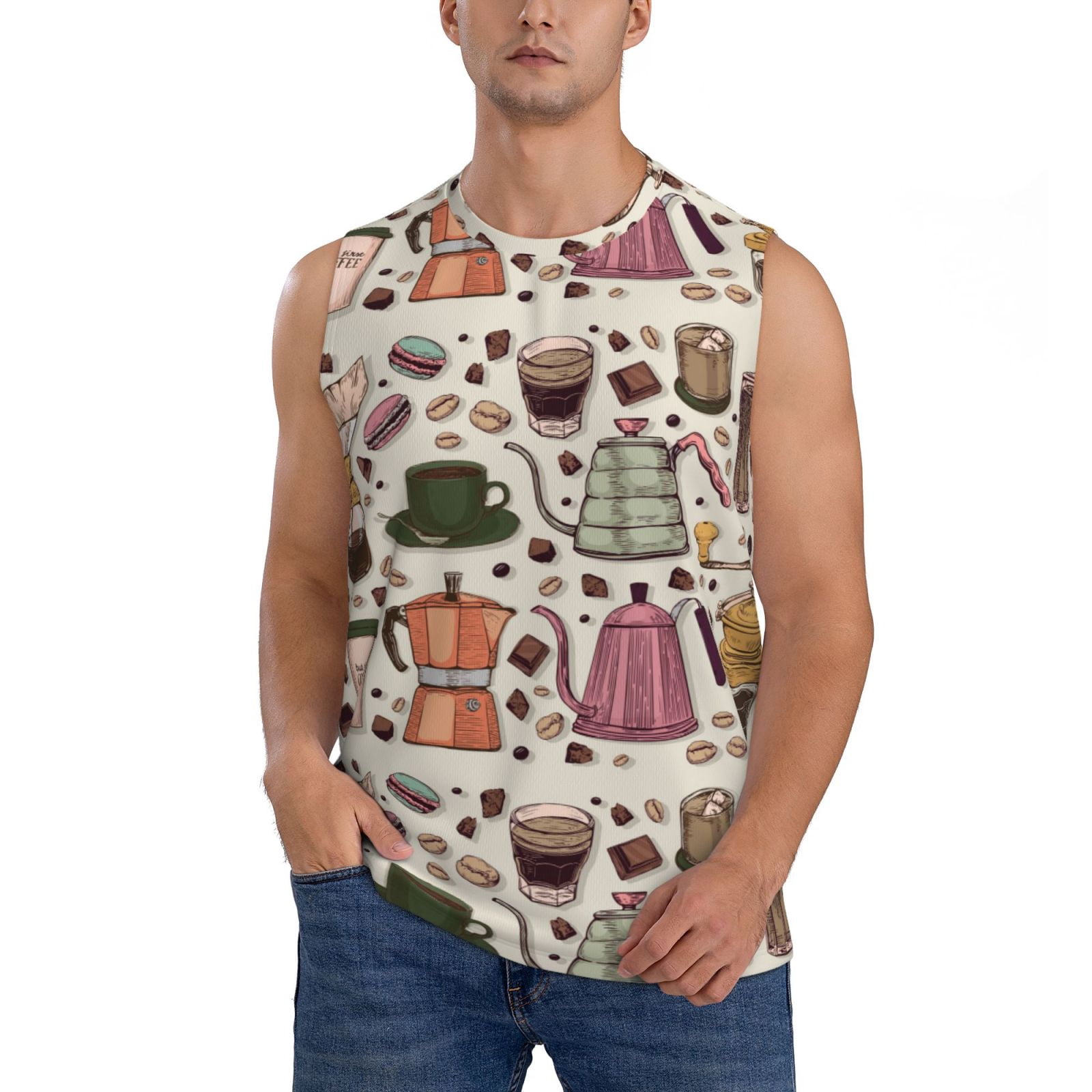 Yiaed Vintage Coffee Print Men's Singlet Vests Summer Running Muscle ...