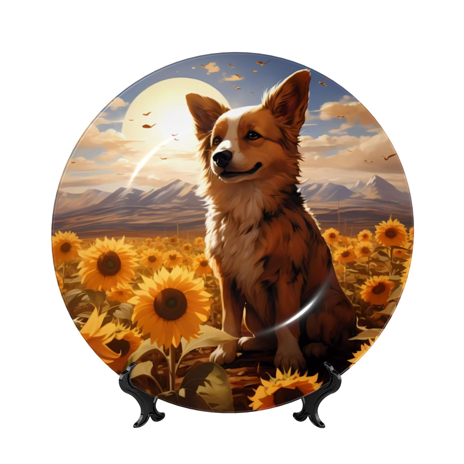 Yiaed Vintage Cute Corgi Sunflower Print Bone China Decorative Plate ...