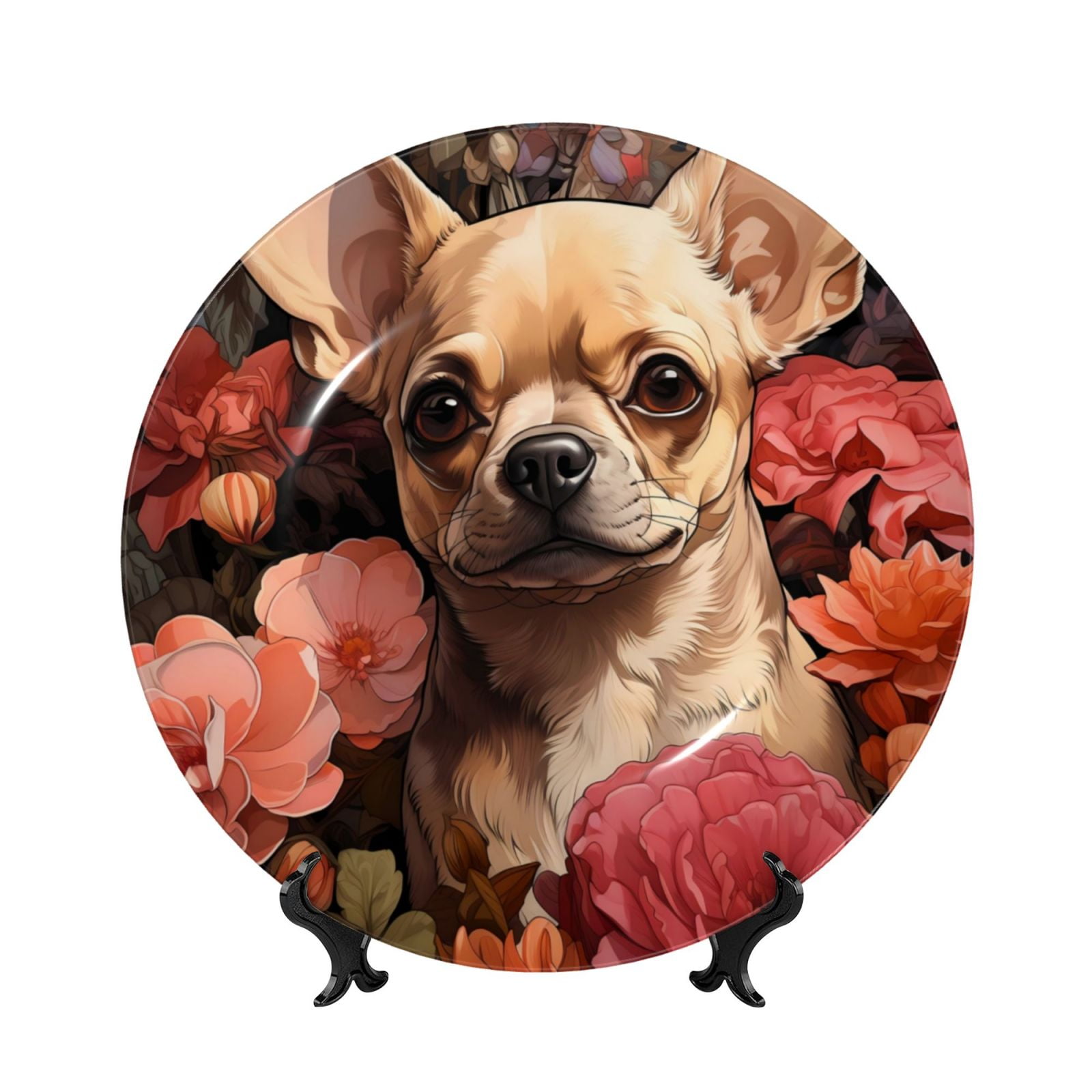 Yiaed Vintage Red Flower Chihuahua Print Bone China Decorative Plate ...