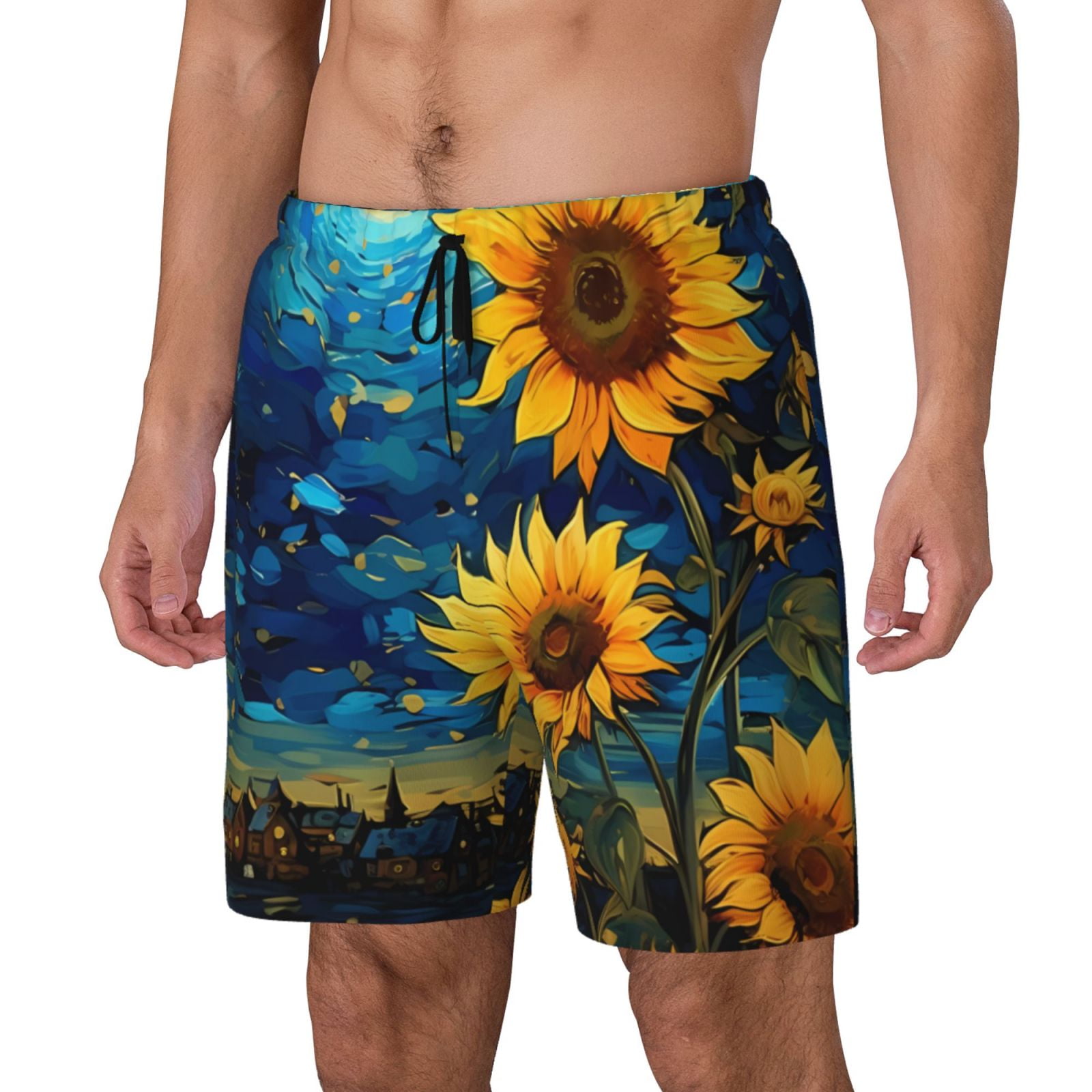 Yiaed Vintage Starry Sky Sunflower Print Mens Swim Trunks Bathing Suit ...