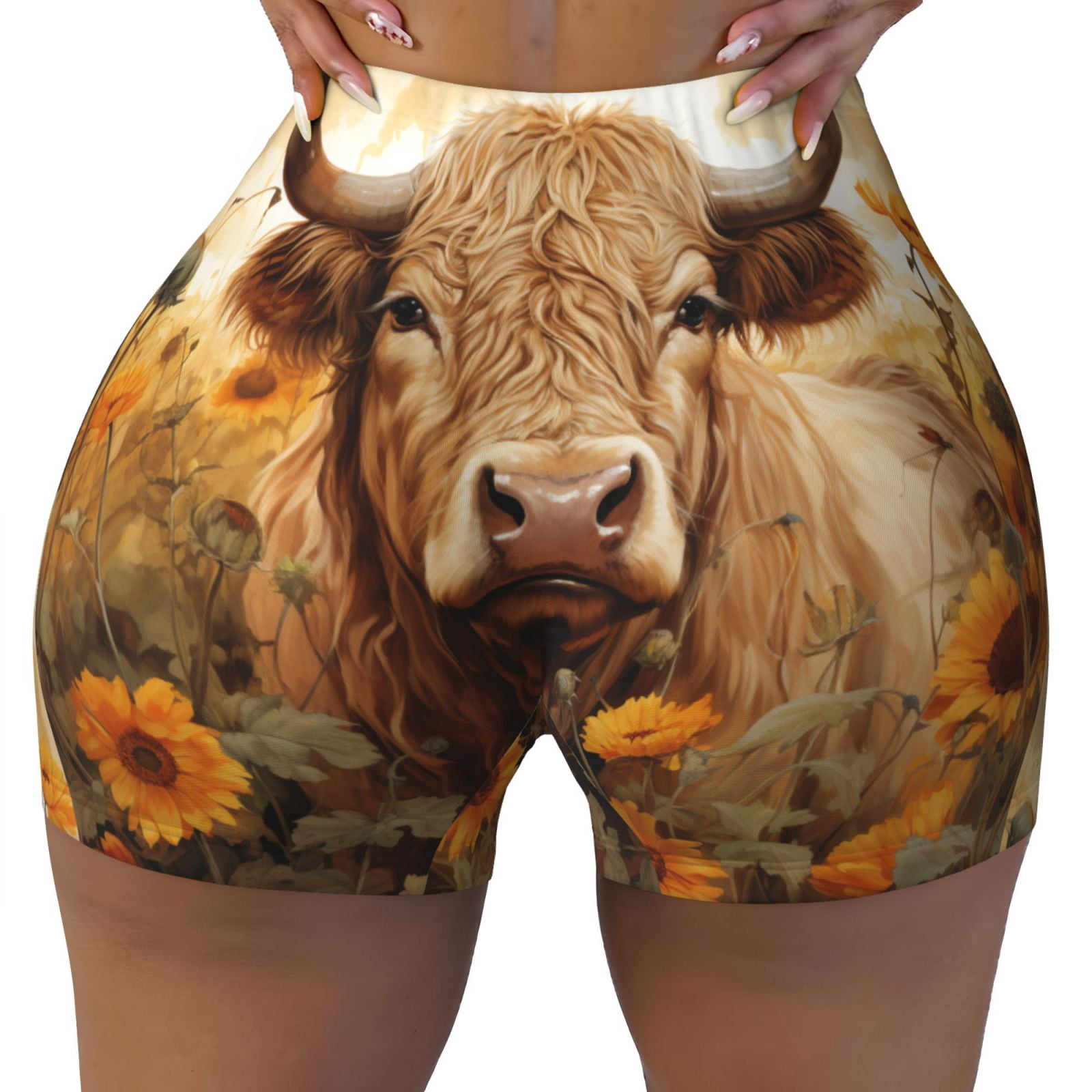 Yiaed Vintage Sunflower Cow Print Women's Athletic Shorts Running ...