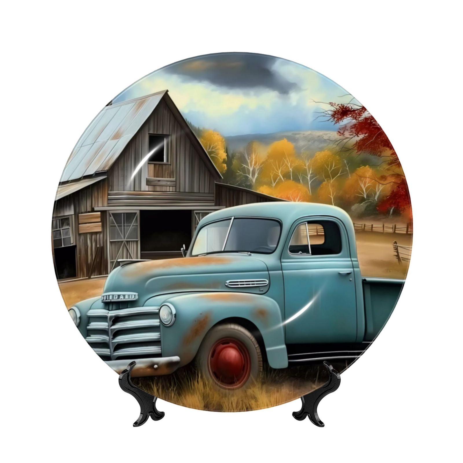 Yiaed Vintage Truck Farm Scene Print Bone China Decorative Plate ...