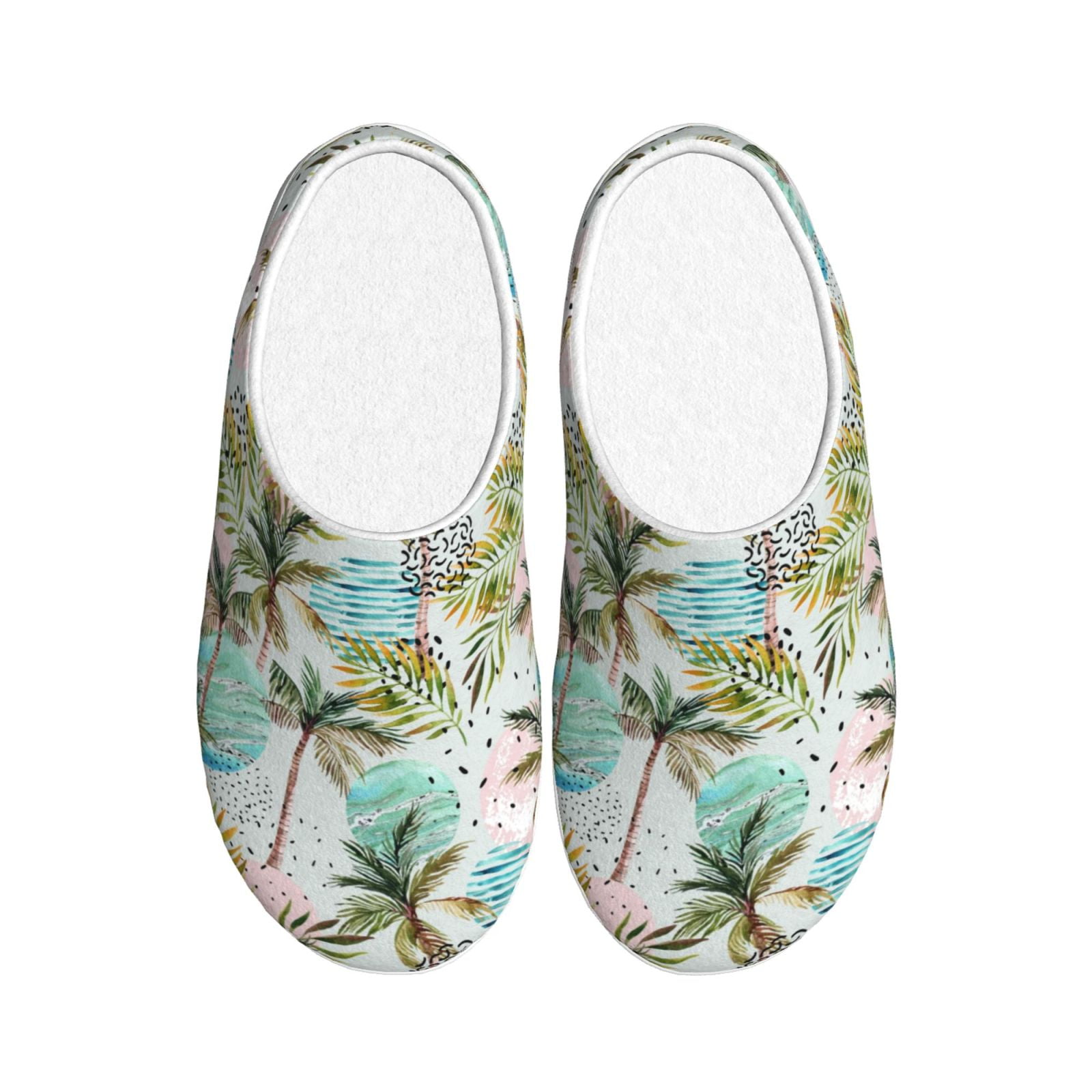 Yiaed Watercolor Palm Tree Print Slippers Fuzzy Warm Cozy Slippers Non ...