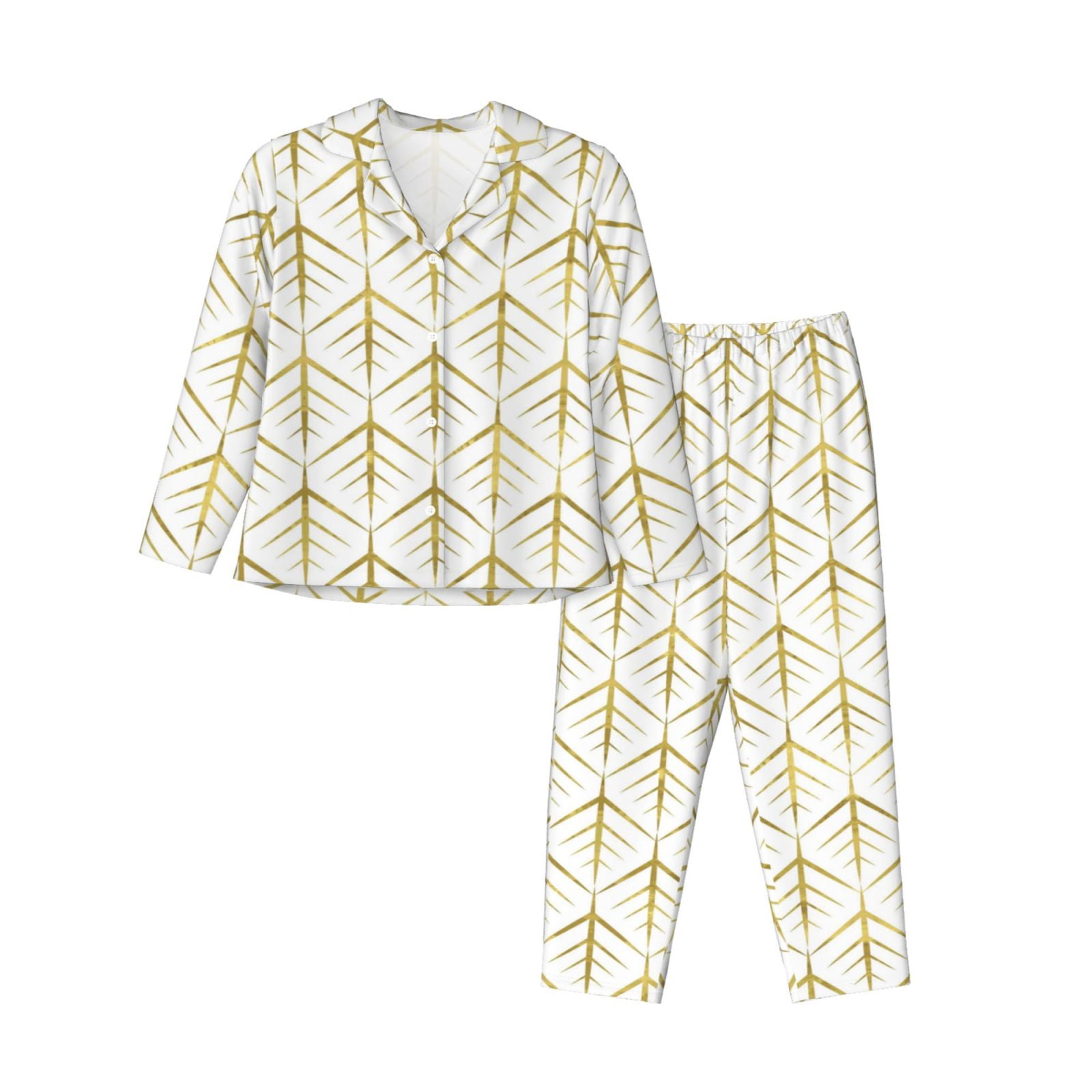 Yiaed White And Gold Geometry Print Pajamas Women's Long Sleeve ...