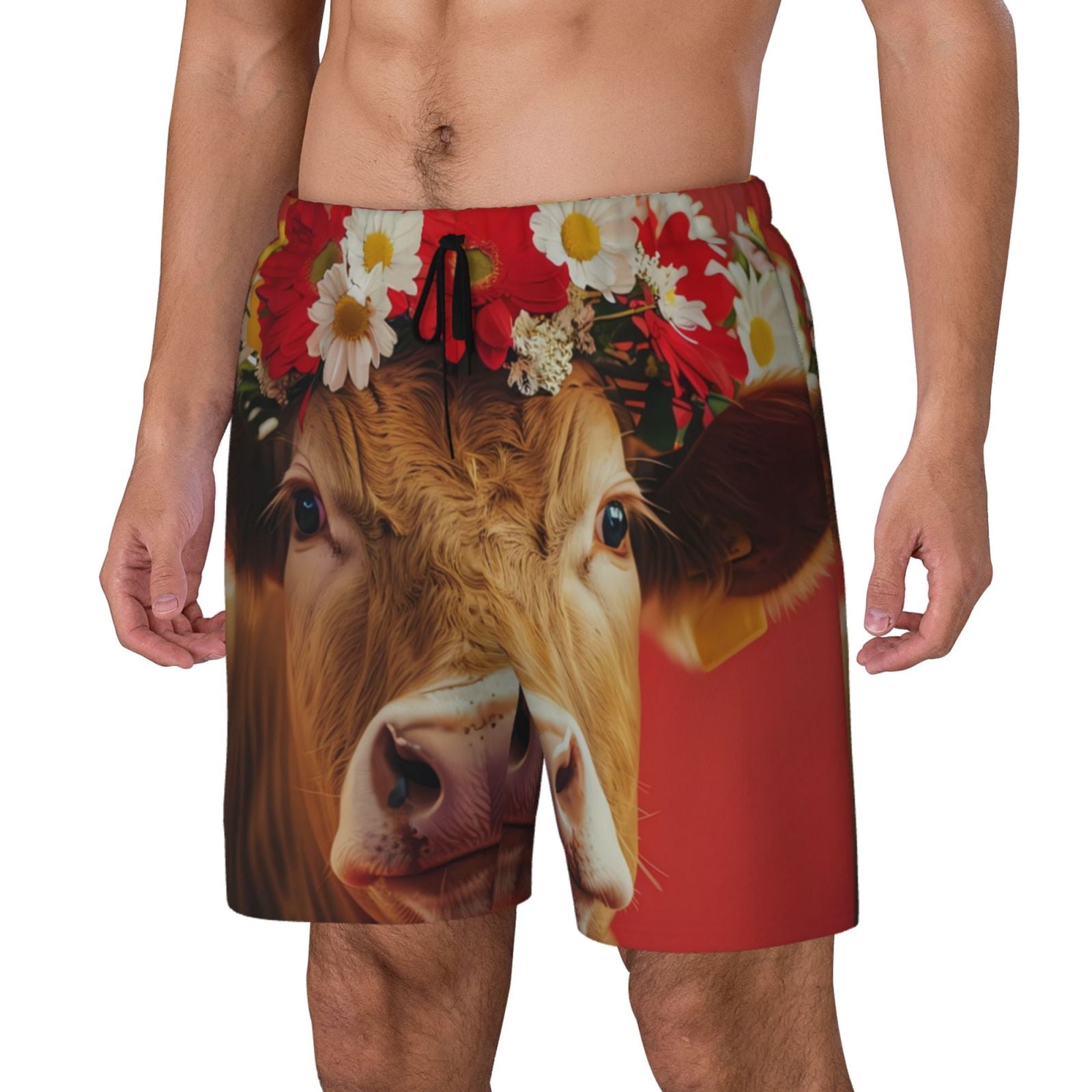 Yiaed White And Red Daisy Cow Print Mens Swim Trunks Bathing Suit ...