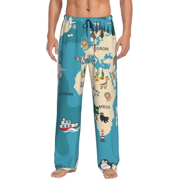 Yiaed World Map With Animal Print Men's Lounge Pants, Loose PJ Bottoms ...