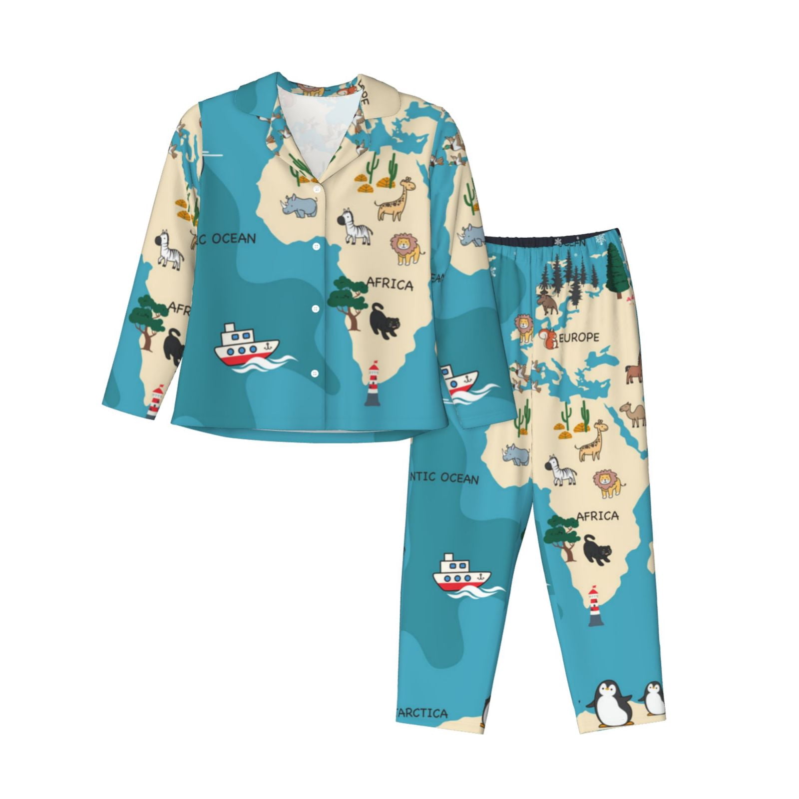 Yiaed World Map With Animal Print Pajamas Women's Long Sleeve Sleepwear ...