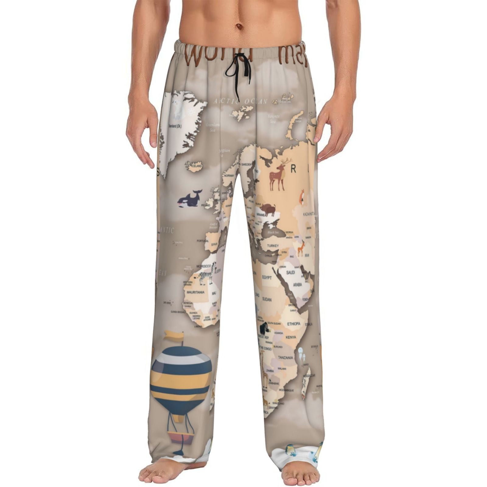 Yiaed World Map With Animals Print Men's Lounge Pants, Loose PJ Bottoms ...