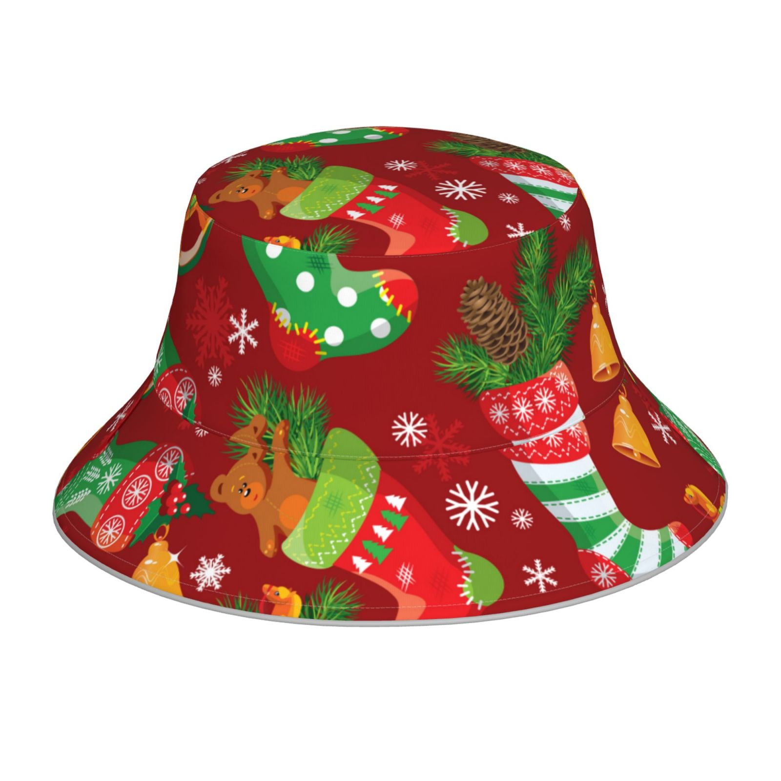 Yiaed X-mas and New Year Print Reflective Stripe Bucket Hat Unisex Funny Outdoor Fisherman Cap ...