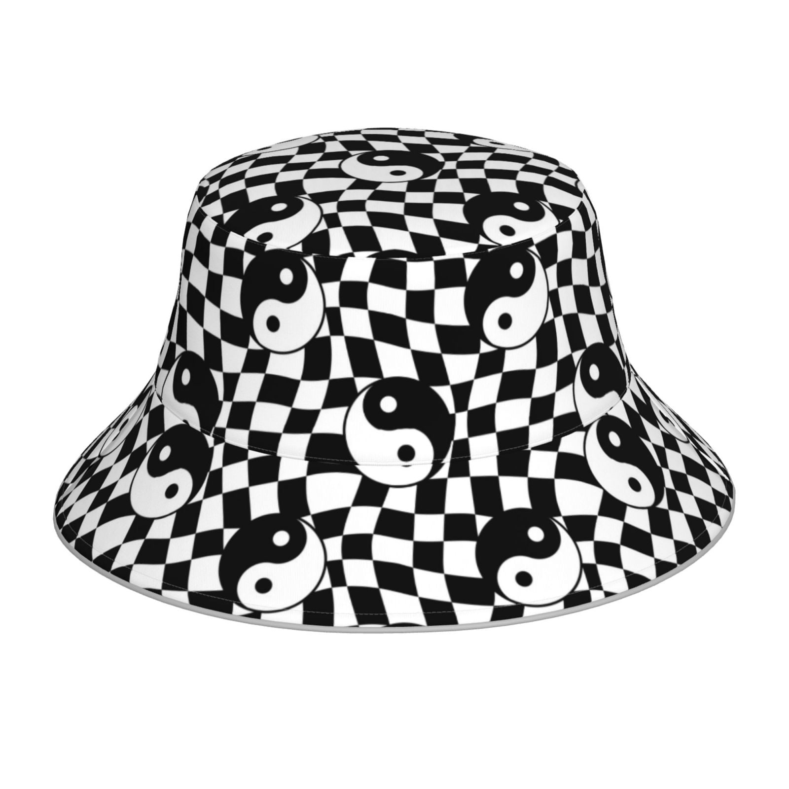 Yiaed Ying Yang Checkered Print Reflective Stripe Bucket Hat Unisex ...
