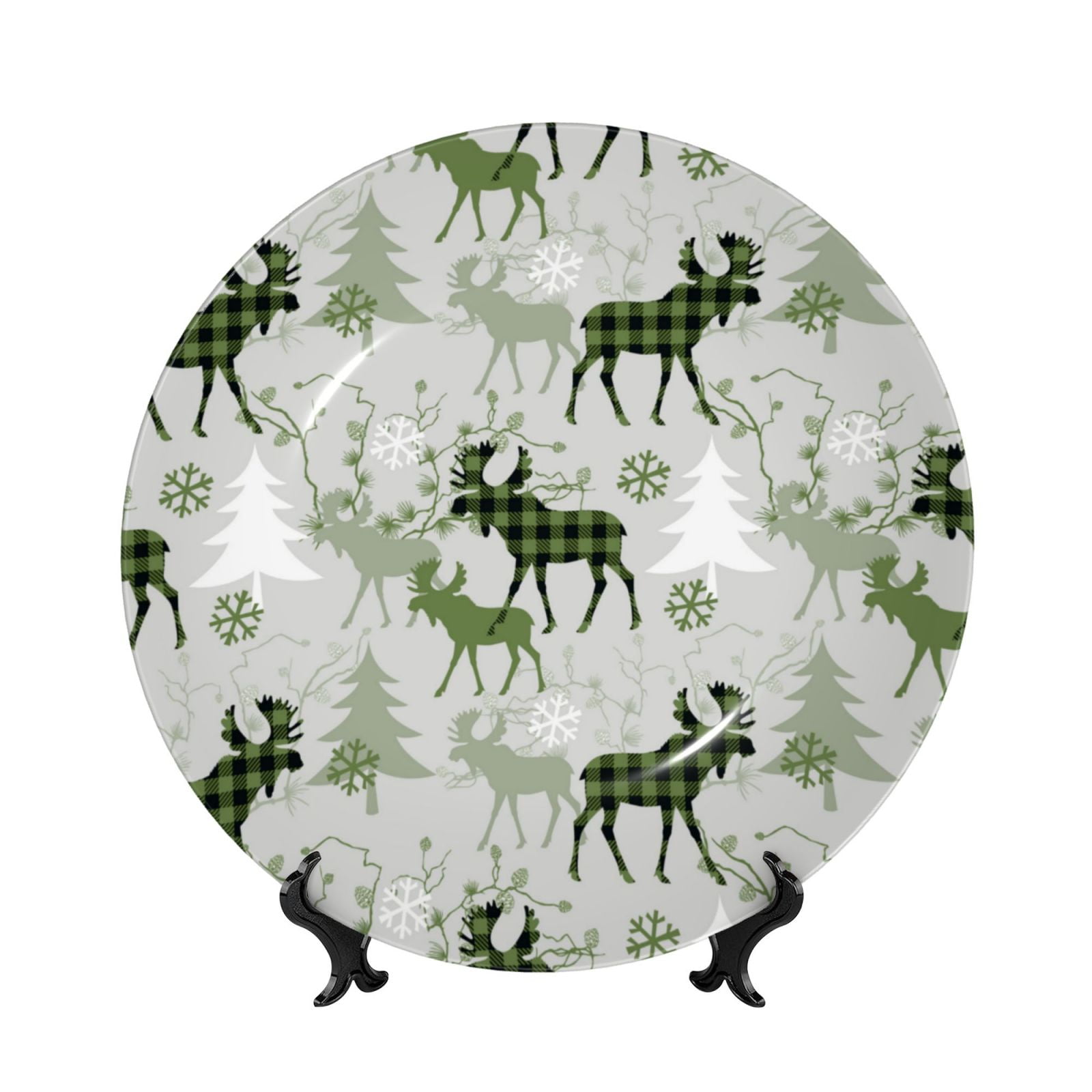 Yiaed green plaid Moose tree Print Bone China Decorative Plate Ceramic ...