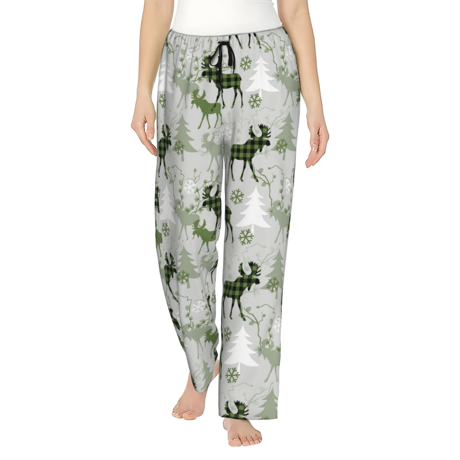 Yiaed green plaid Moose tree Print Womens Lounge Pants, Loose PJ ...