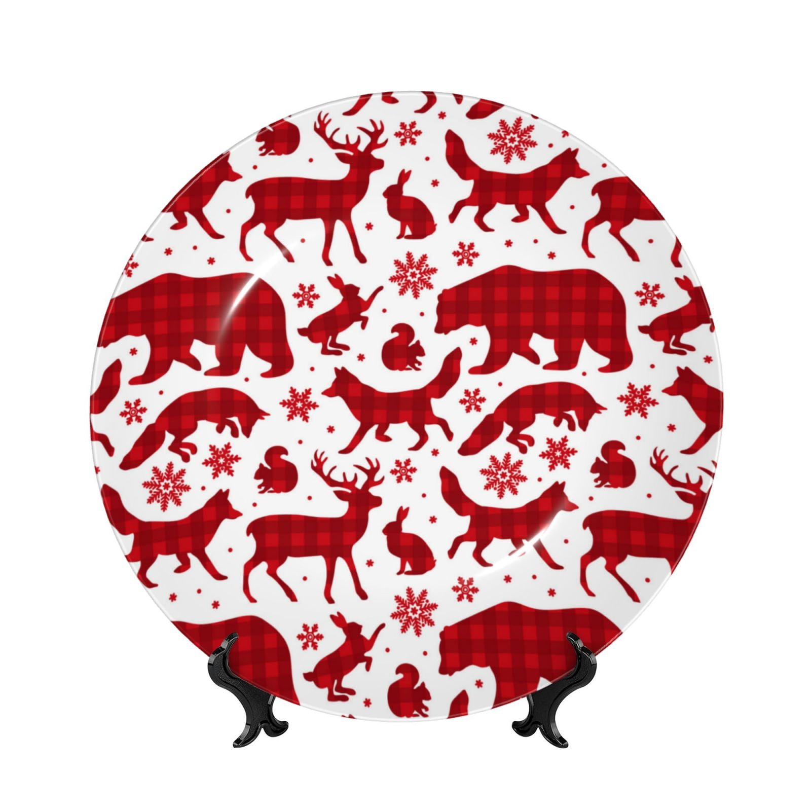 Yiaed red plaid Moose Bunny bear Print Bone China Decorative Plate ...