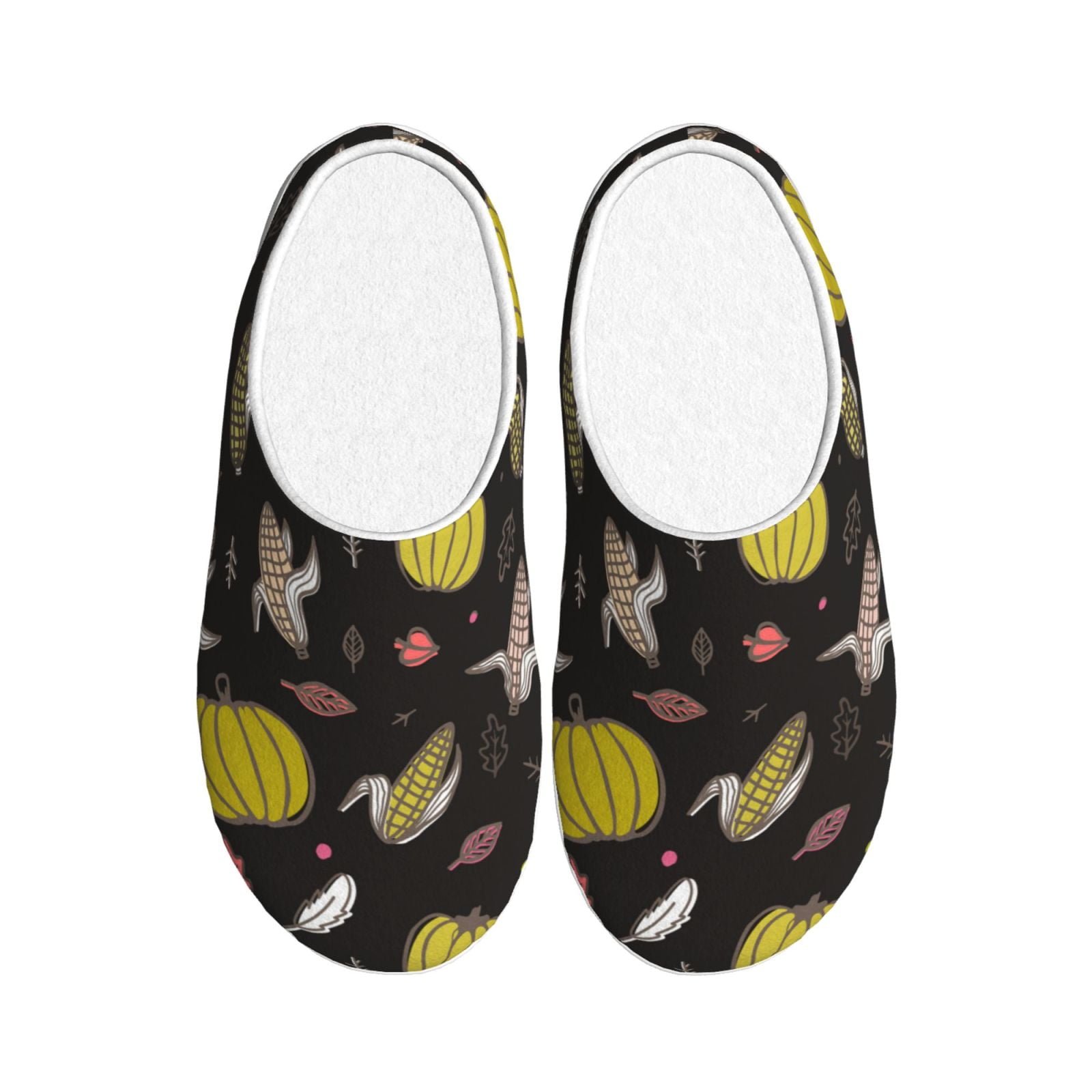 Yiaed yellow Pumpkin Corn Print Slippers Fuzzy Warm Cozy Slippers Non ...