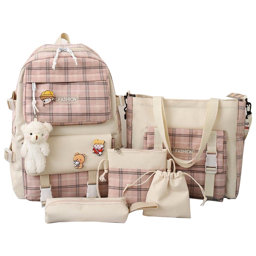 Yiaieng Five-piece Canvas Plaid Backpack with Tote & Pencil Case Badge ...