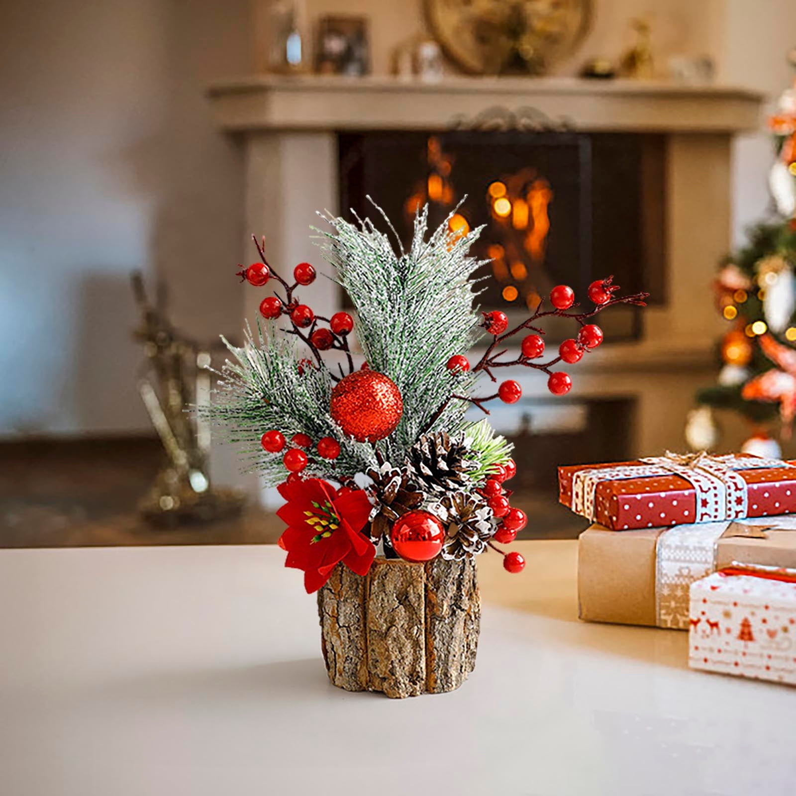 Yialzm Desktop Christmas Tree with Bark Barrel Base Christmas ...