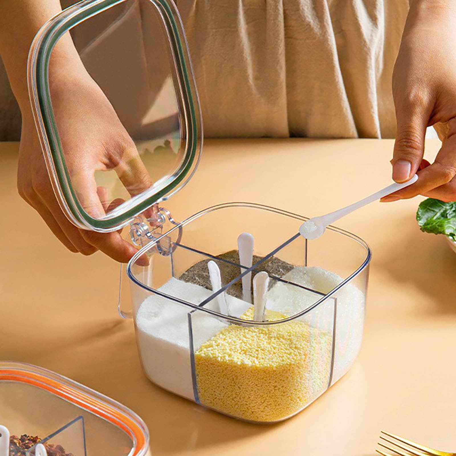 Yialzm Four Compartment Kitchen Seasoning Box with Sealed Lid and Built ...