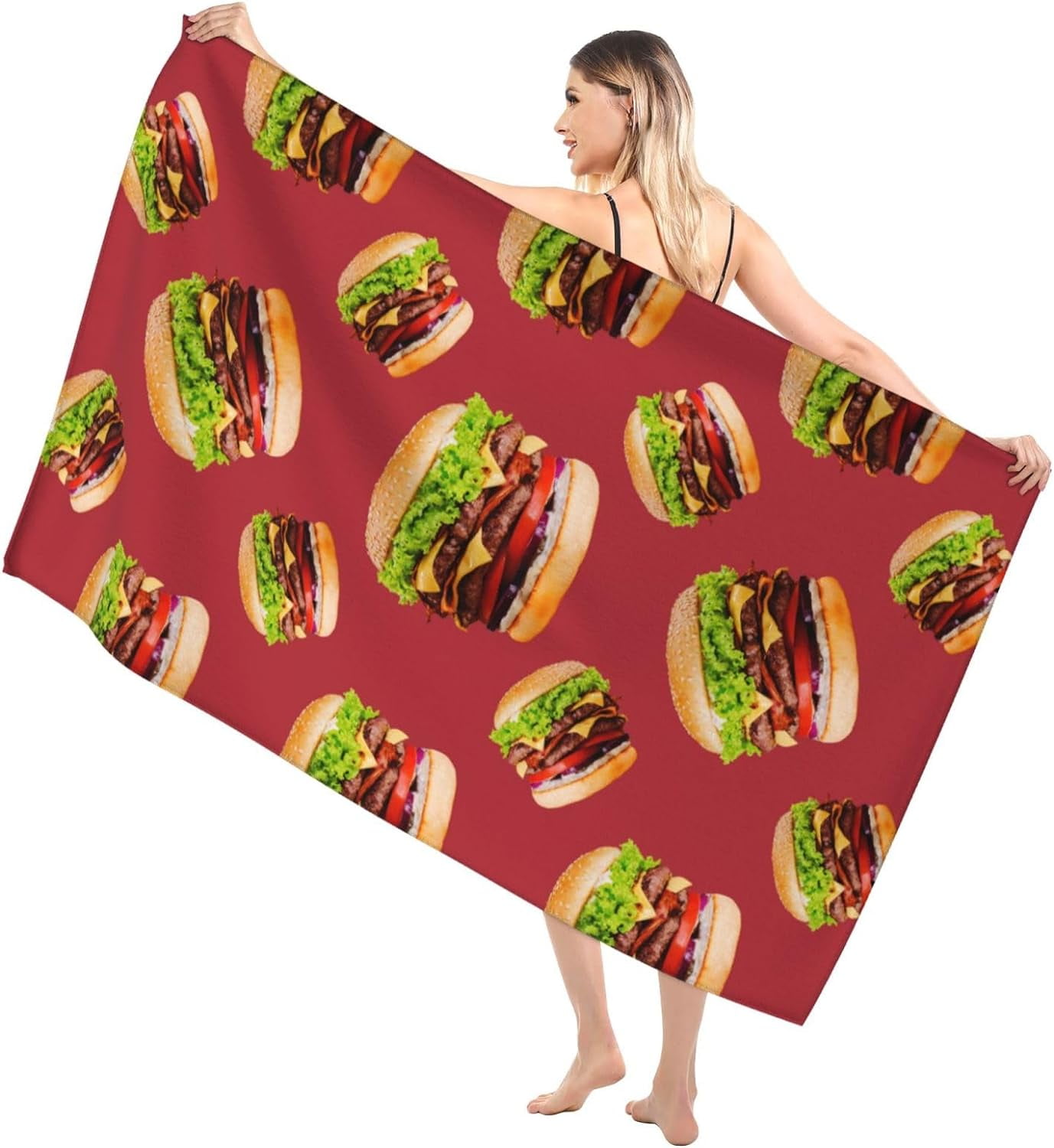 Yibo Hamburger Beach Towel Funny Beef Burger Print Food Red Bath Towel ...