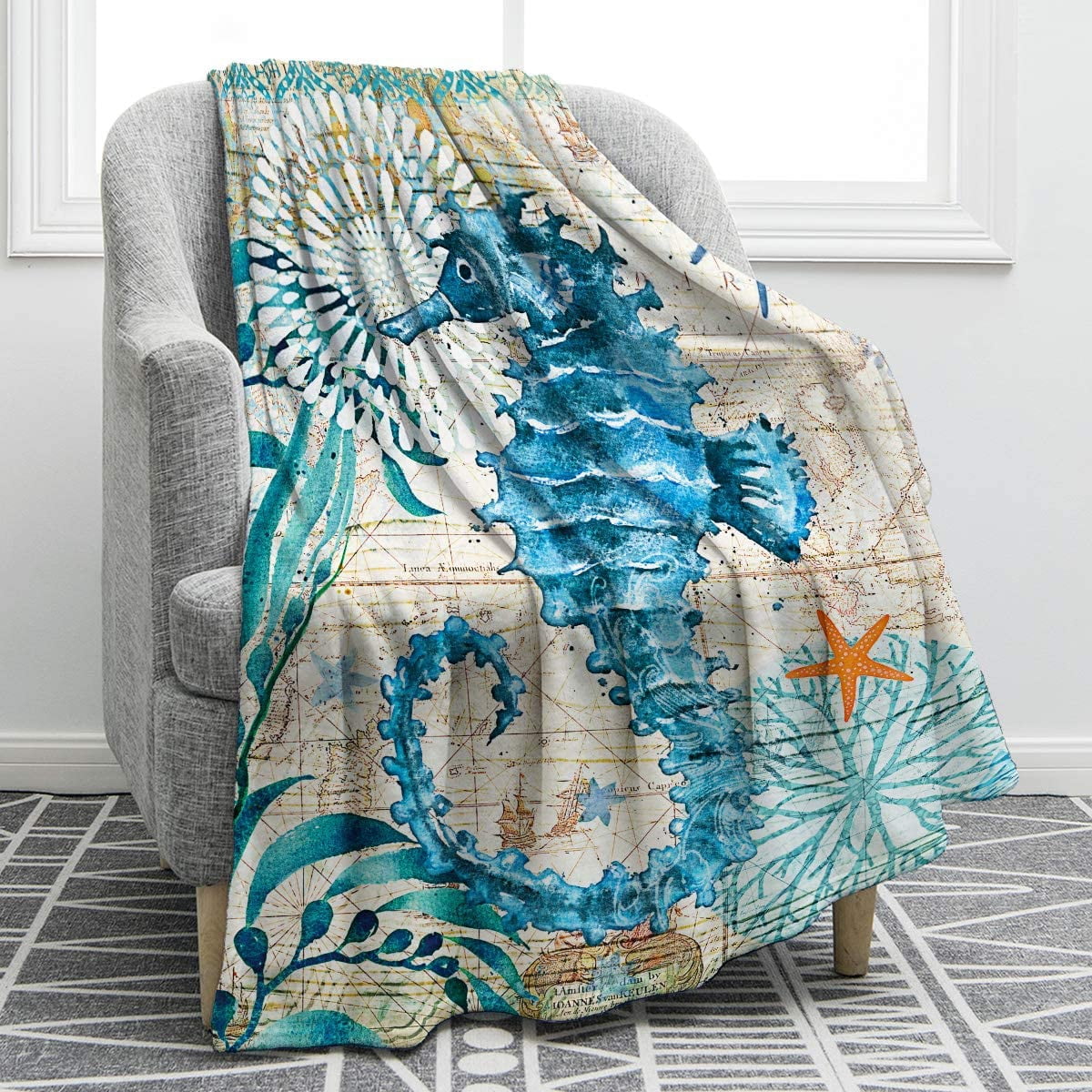 Yibo Sea Horse Blanket Smooth Soft Ocean Mediterranean Style Theme ...