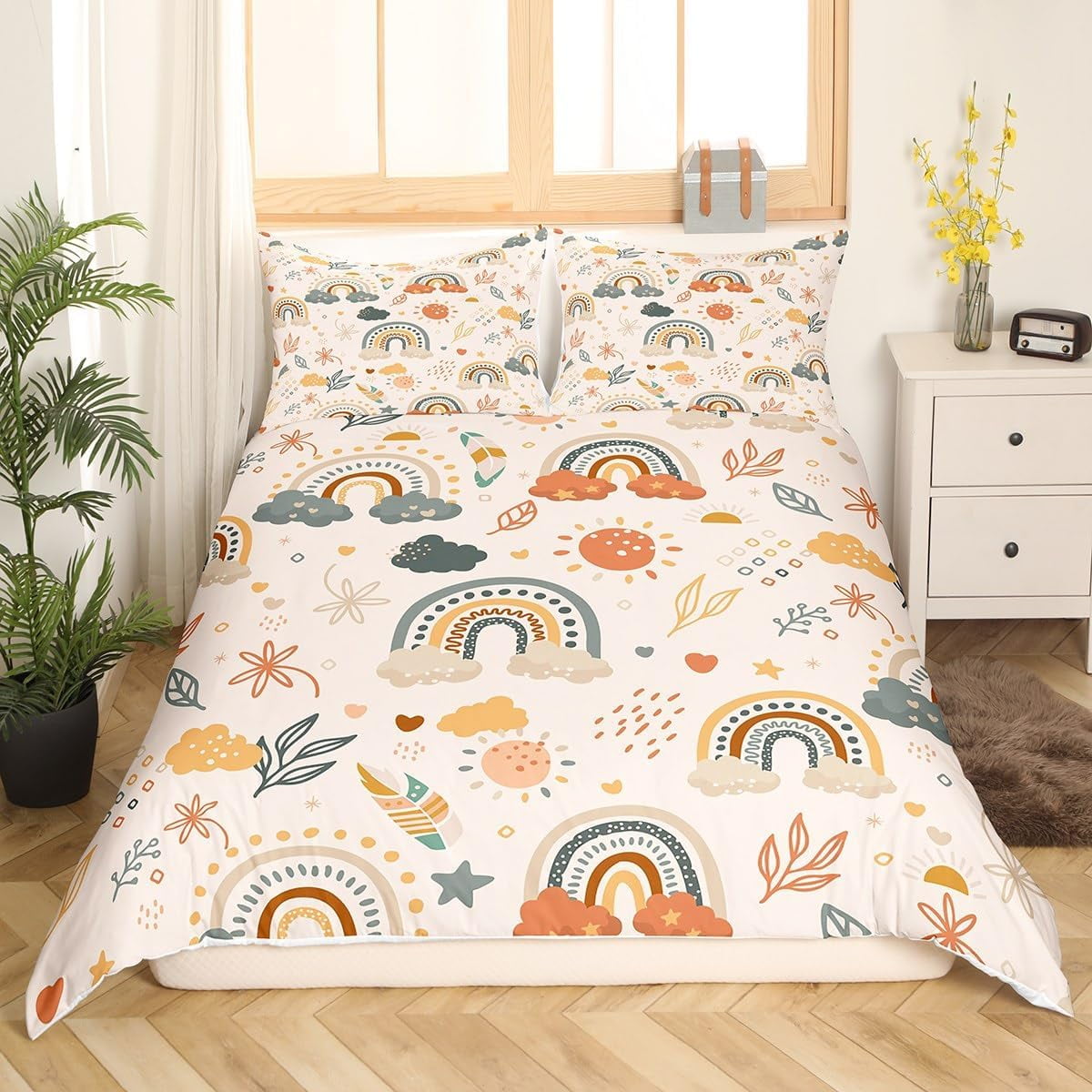 Yibo Valentines Day Floral Rainbow Boho Love Heart Rainbow Duvet Cover ...