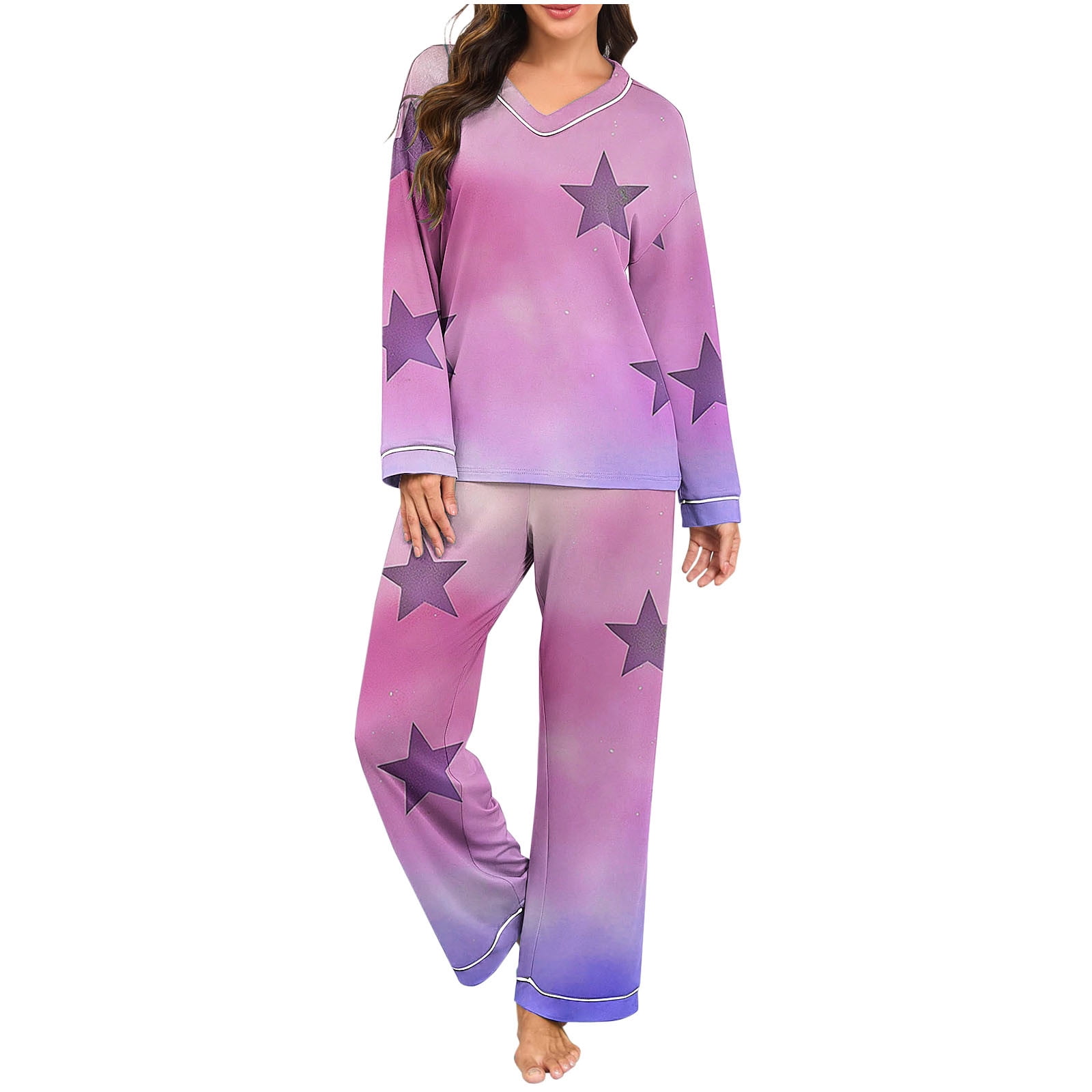 Maplenight Pajama Sets for Women Star Printed V-Neck Long Sleeve ...