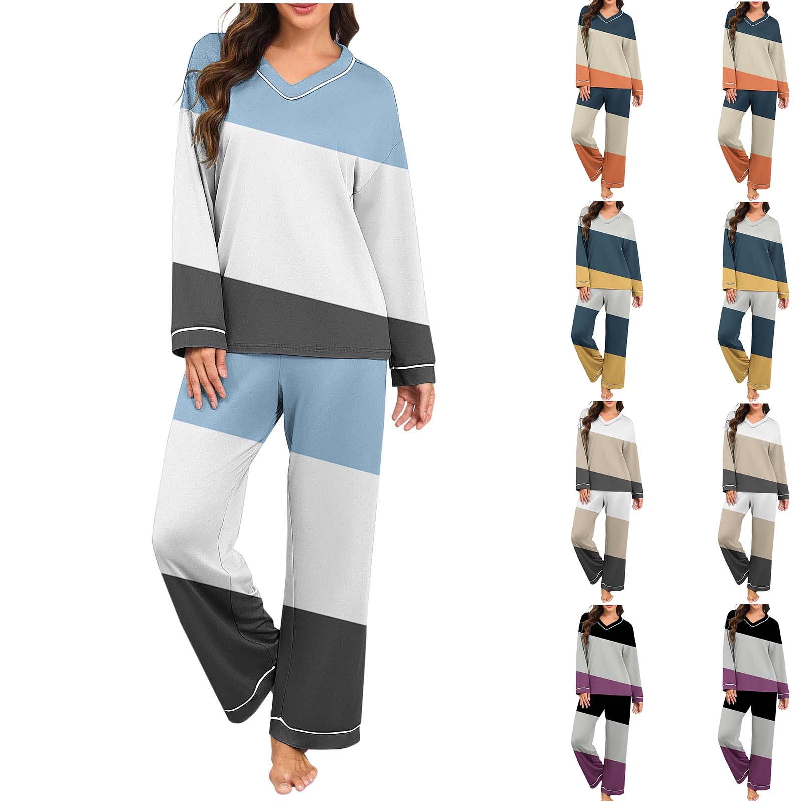 Maplenight Pajama Sets for Women Trendy V-Neck Long Sleeve Sleepwear ...