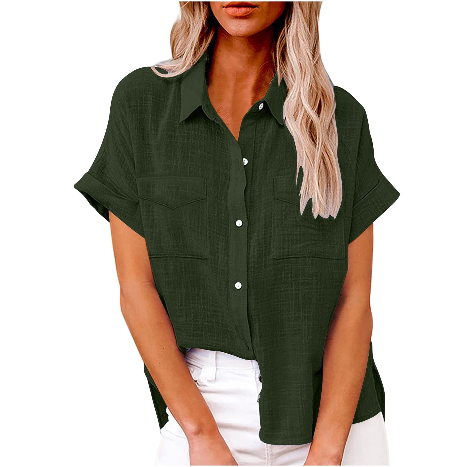 Yievot Short Sleeve Shirts for Women Clearance Lapel Button Basic Shirt ...