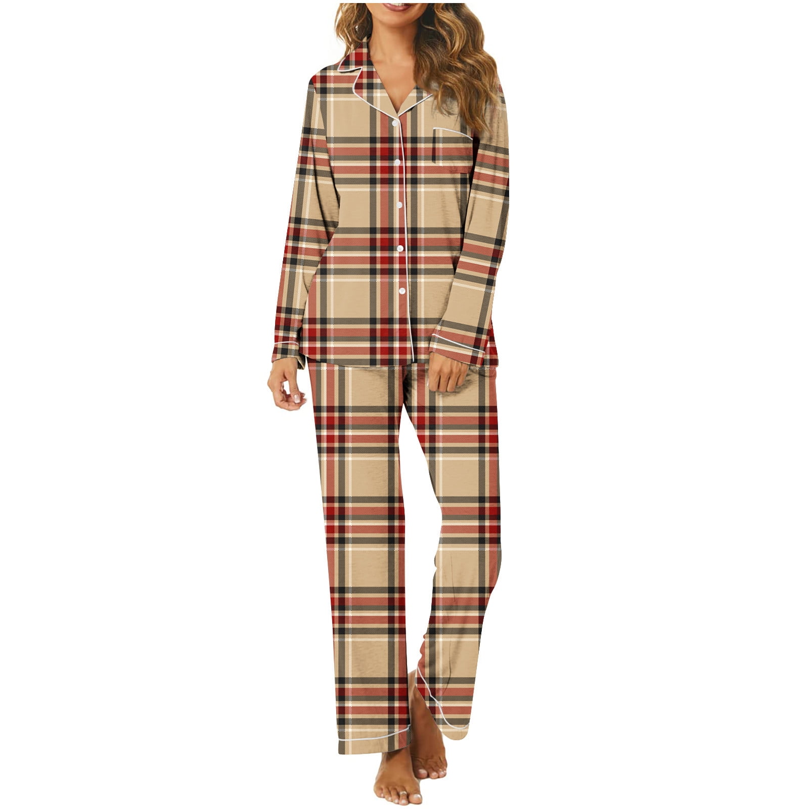 Yievot Women's Pajamas Set Plaid Printed Pjs Sets Long Sleeve Button Up ...