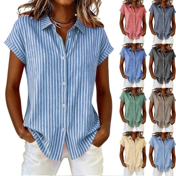 Yievot Womens Button Down Shirts Cotton Linen Striped Dress Shirt Short ...