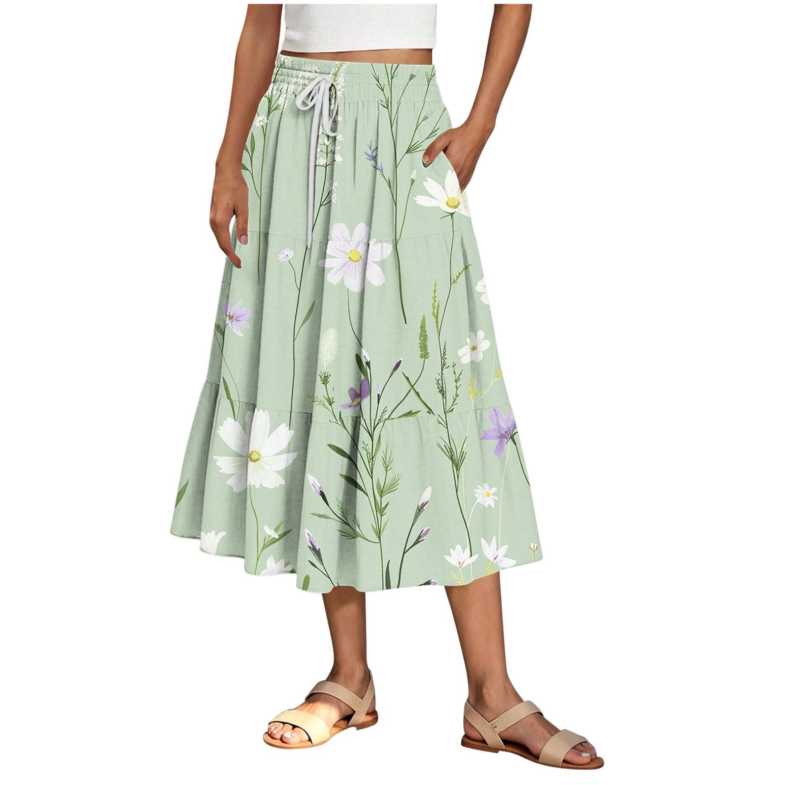 Yievot Womens Midi Skirt Summer Flowy Pleated Skirts Floral Print ...