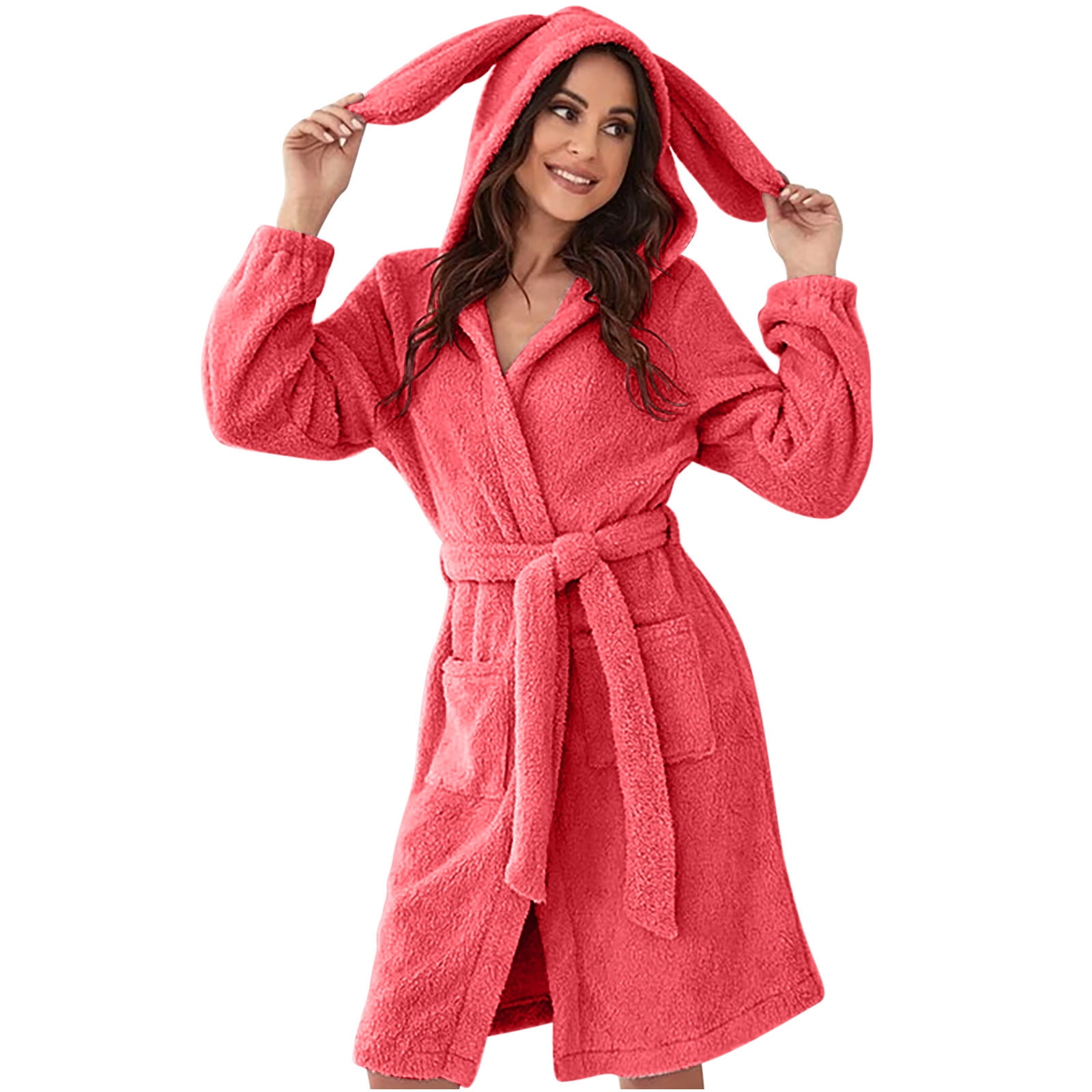 Yievot Womens Plush Fleece Robe Rabbit Ears Cozy Warm Bathrobe Hooded