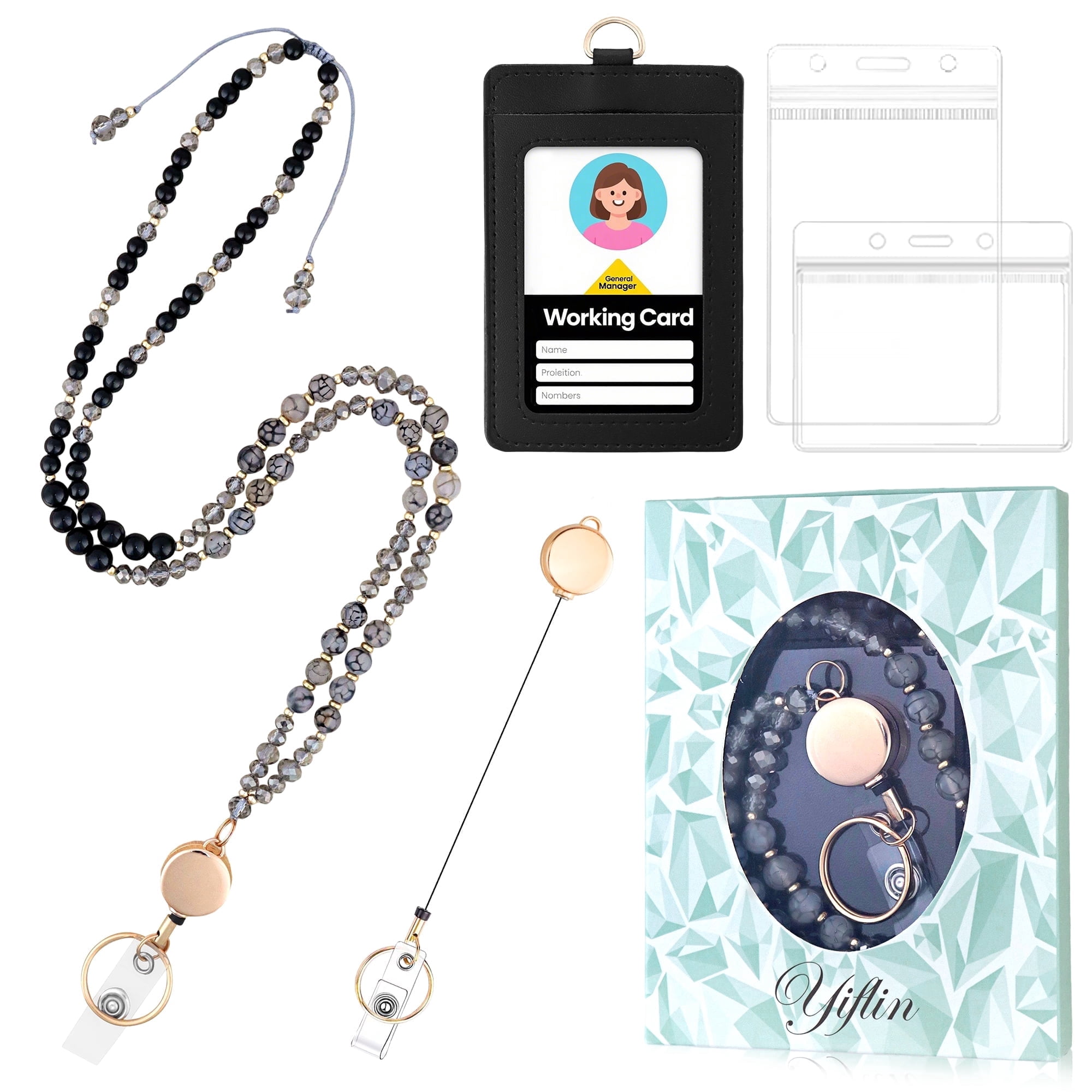 Yiflin Natural Stone Crystal Lanyard with ID Badges for Keys ...