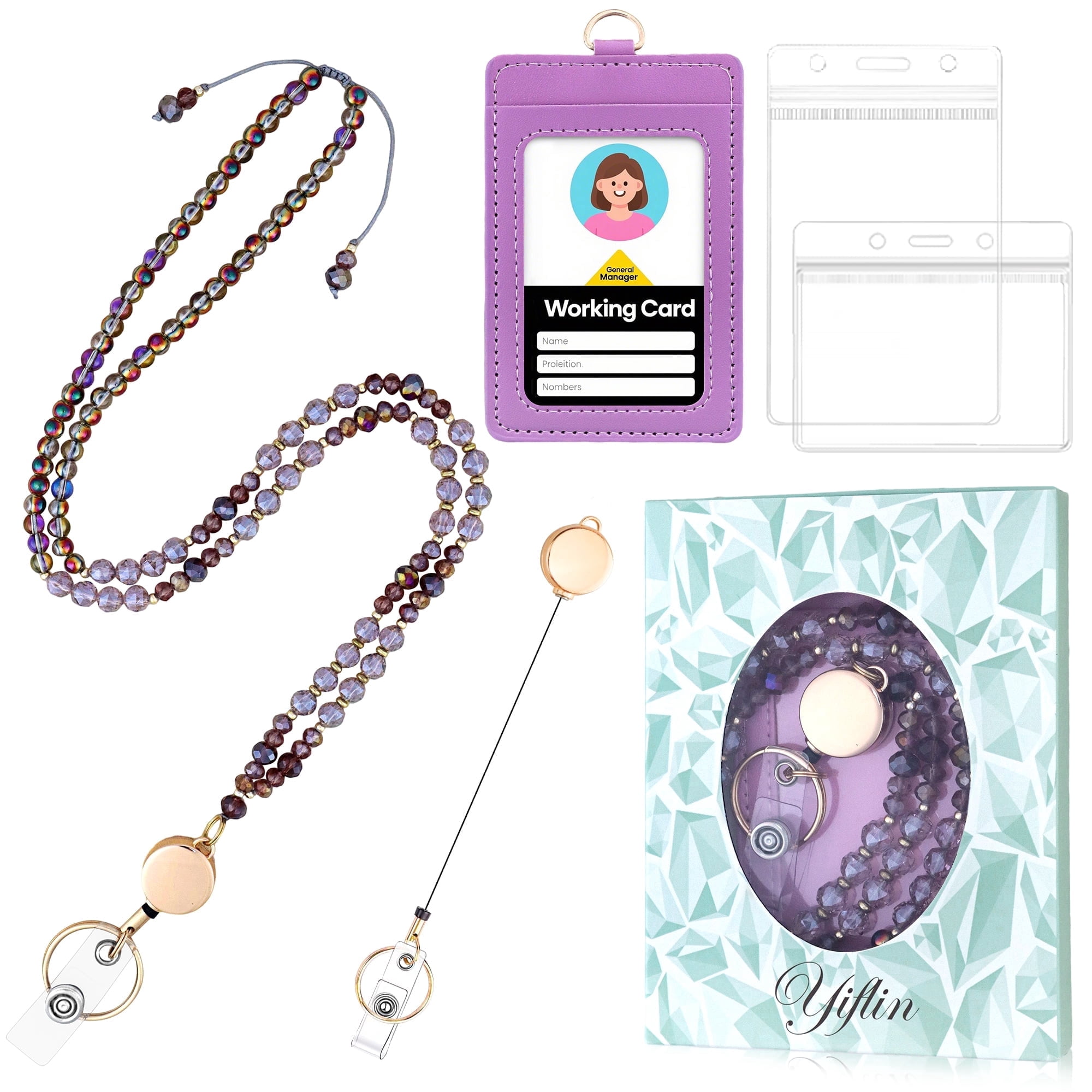 Yiflin Natural Stone Crystal Lanyard with ID Badges for Keys ...